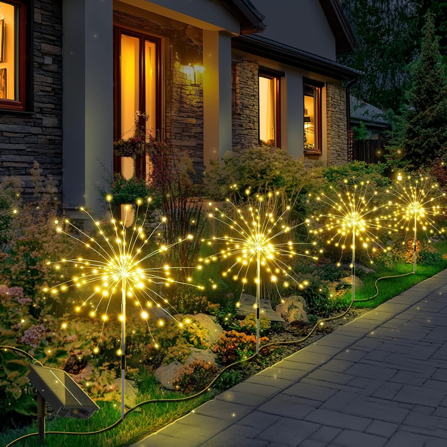 Solar Garden Lights Outdoor Waterproof: Fireworks String Light Remote ...