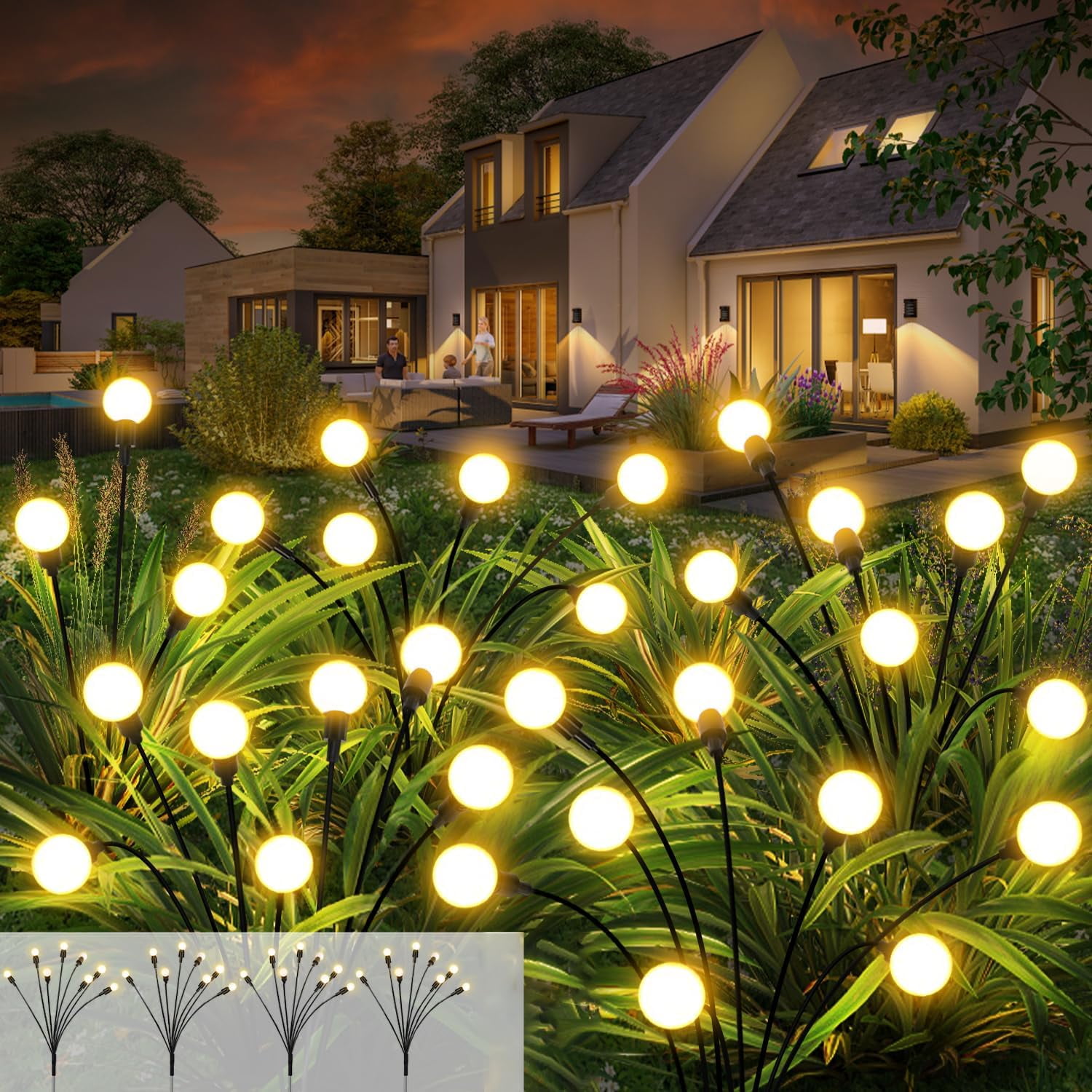 Solar Garden Lights, Solar Firefly Lights Outdoor Waterproof 4 Pack 8 ...
