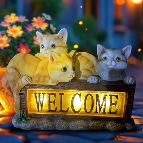 Solar Garden Outdoor Statues - Three Kittens with LED Lights Welcome ...