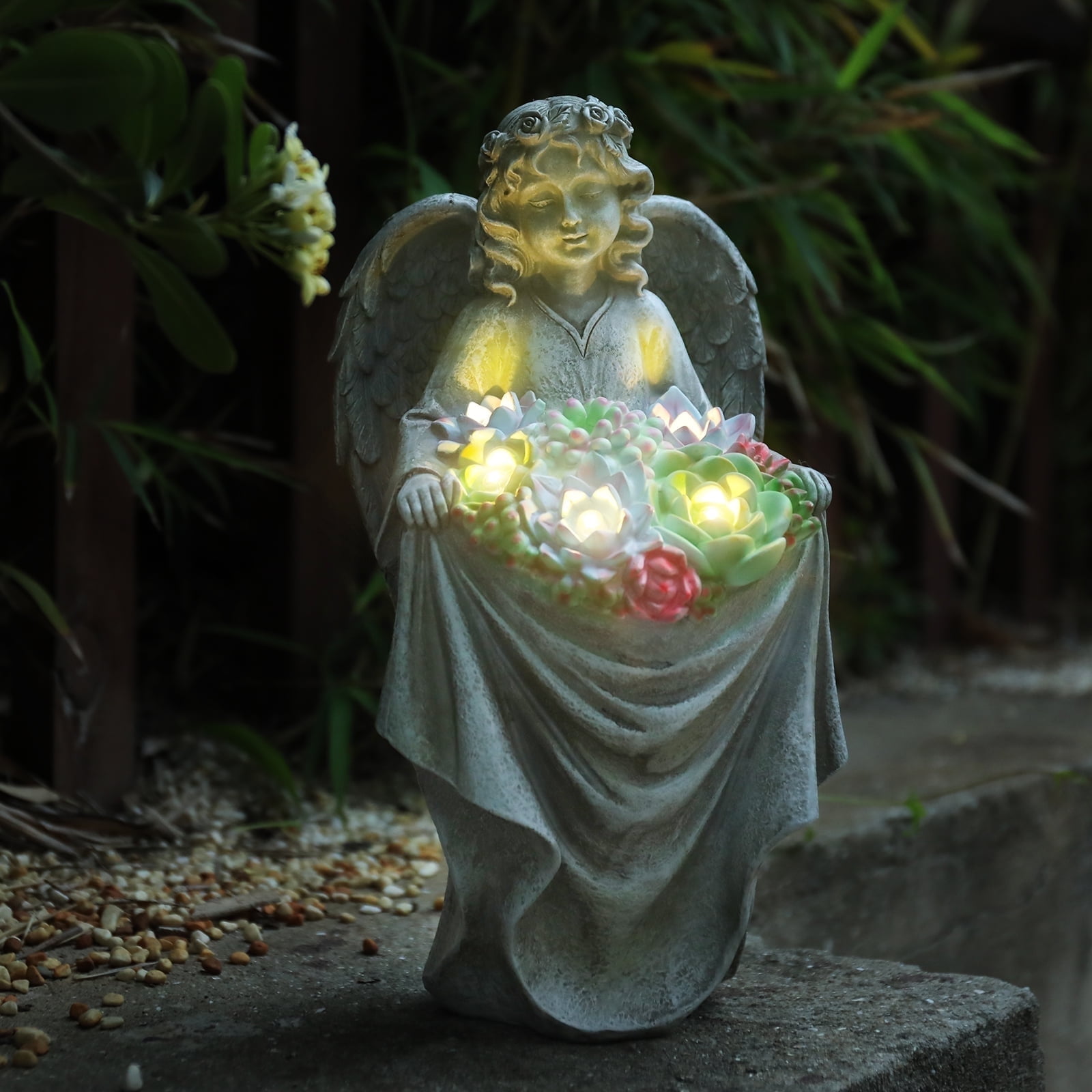 Solar Angel Garden Statue with Succulent & 5 LED Lights - Outdoor Decor ...