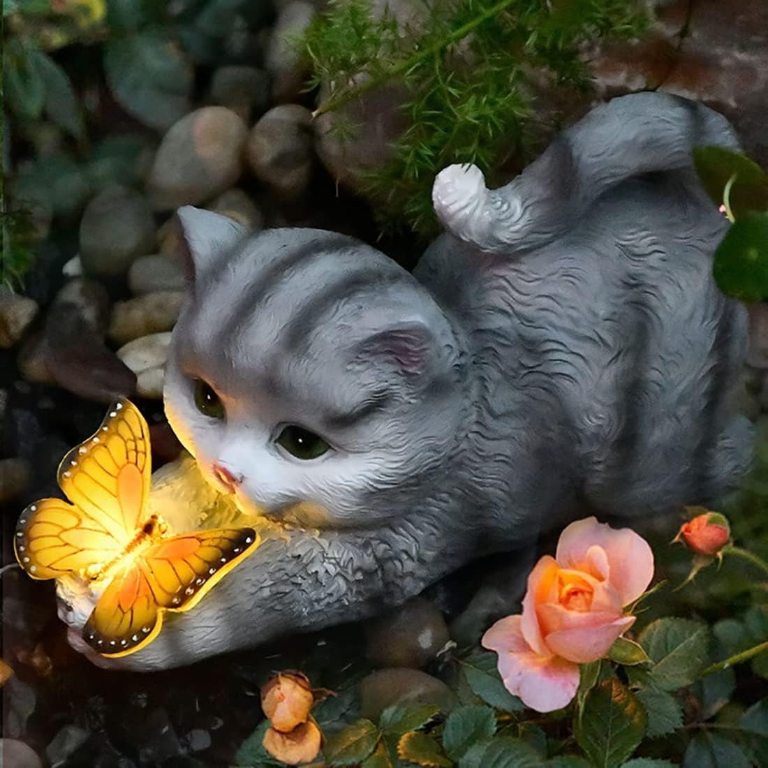 Solar Garden Statue Cat,Garden Figurine Outdoor Decoration with Cat ...