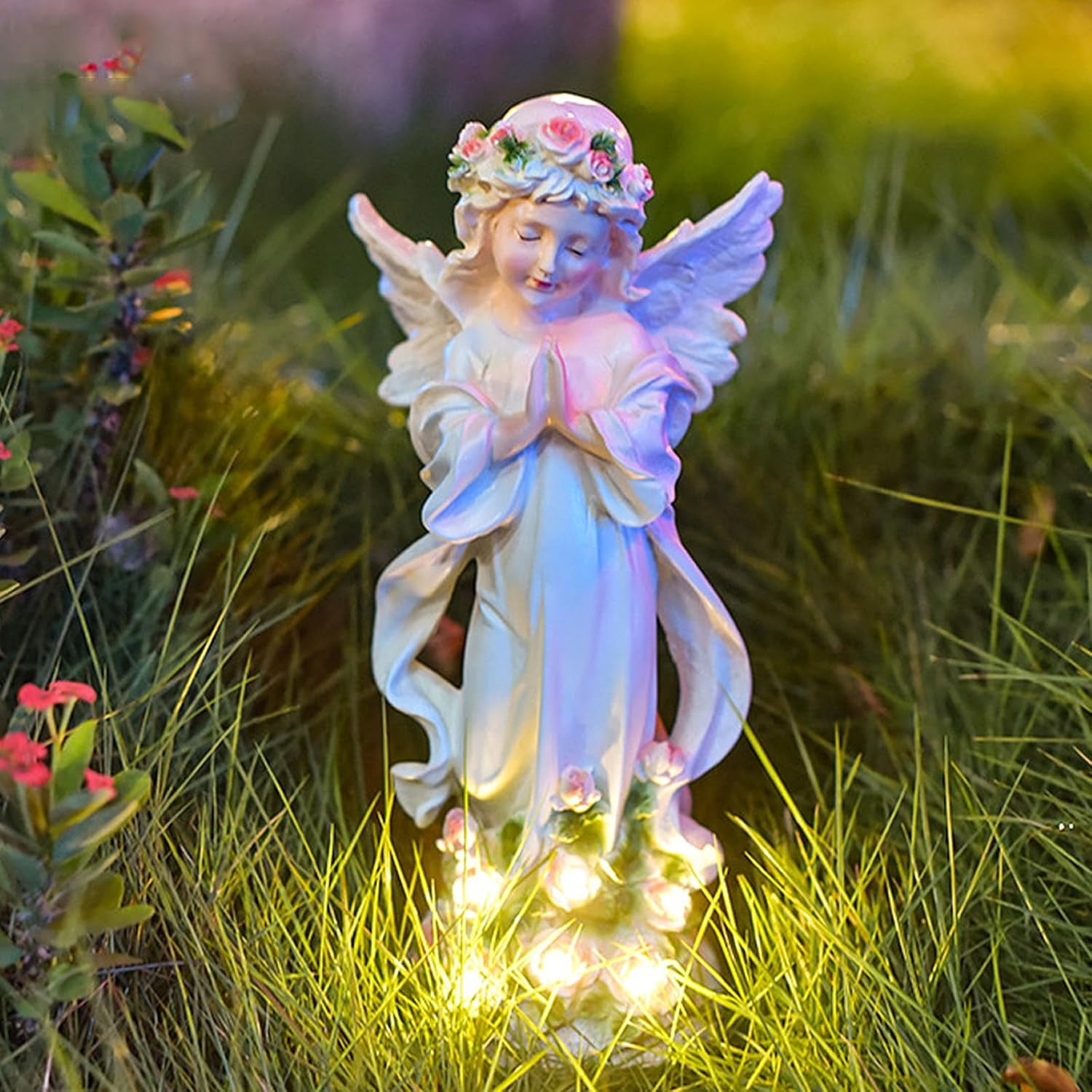 Solar Garden Statues Lights, Guardian Angel Figurines Light with Flower ...