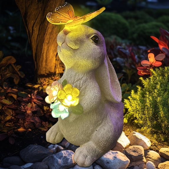 Solar Garden Statues Outdoor, Rabbit Figurines with LED Light, Solar ...