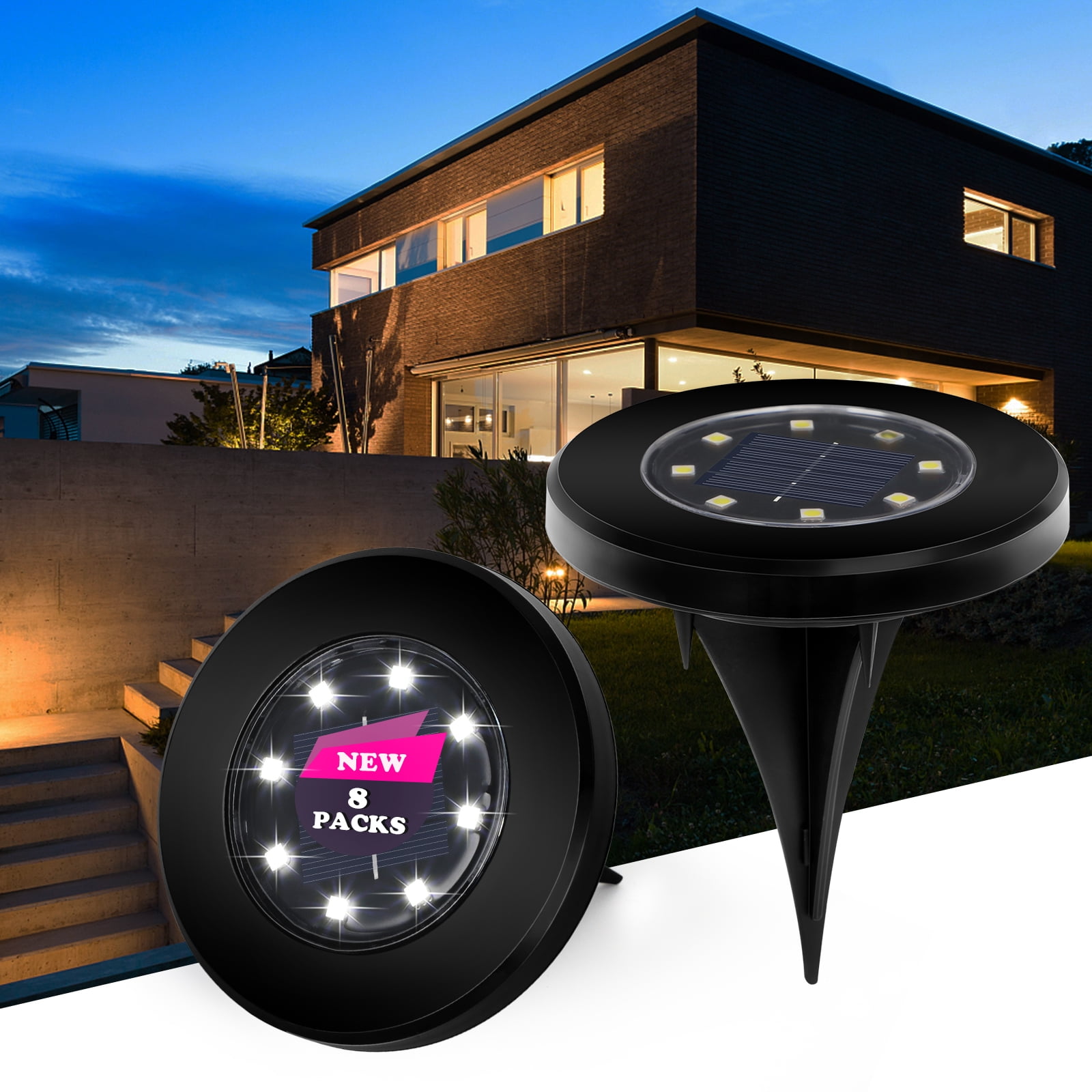 Solar Ground Light Outdoor 8 Piece Set of 8 LED Disk Lights Solar ...