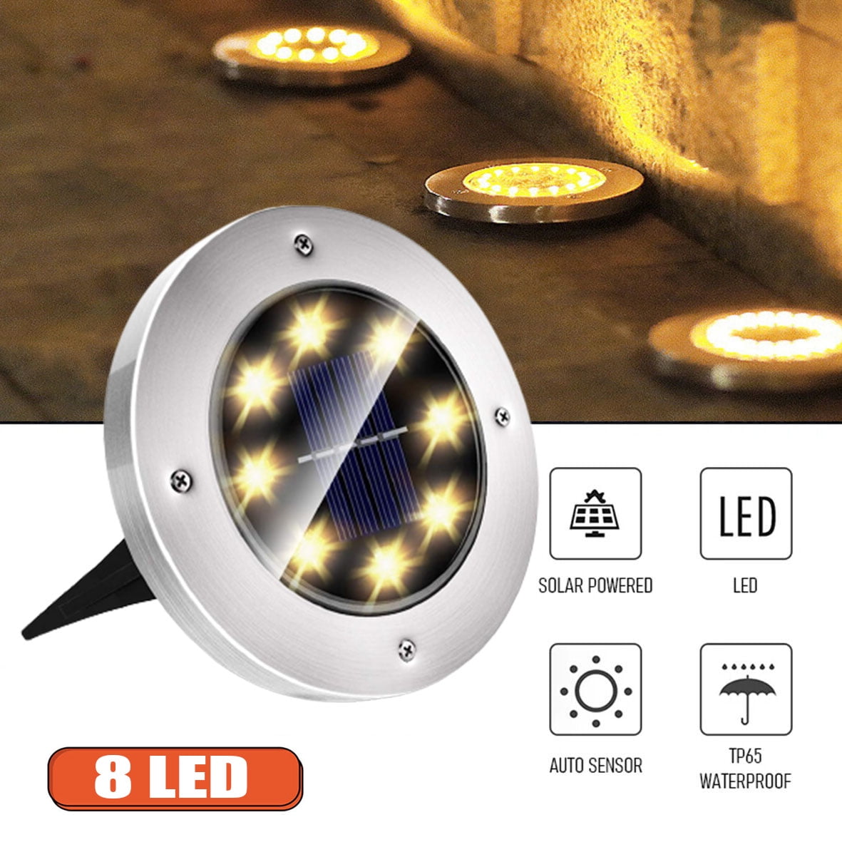 Solar Ground Lights, 8 LED Solar Powered Disk Lights Outdoor Waterproof ...