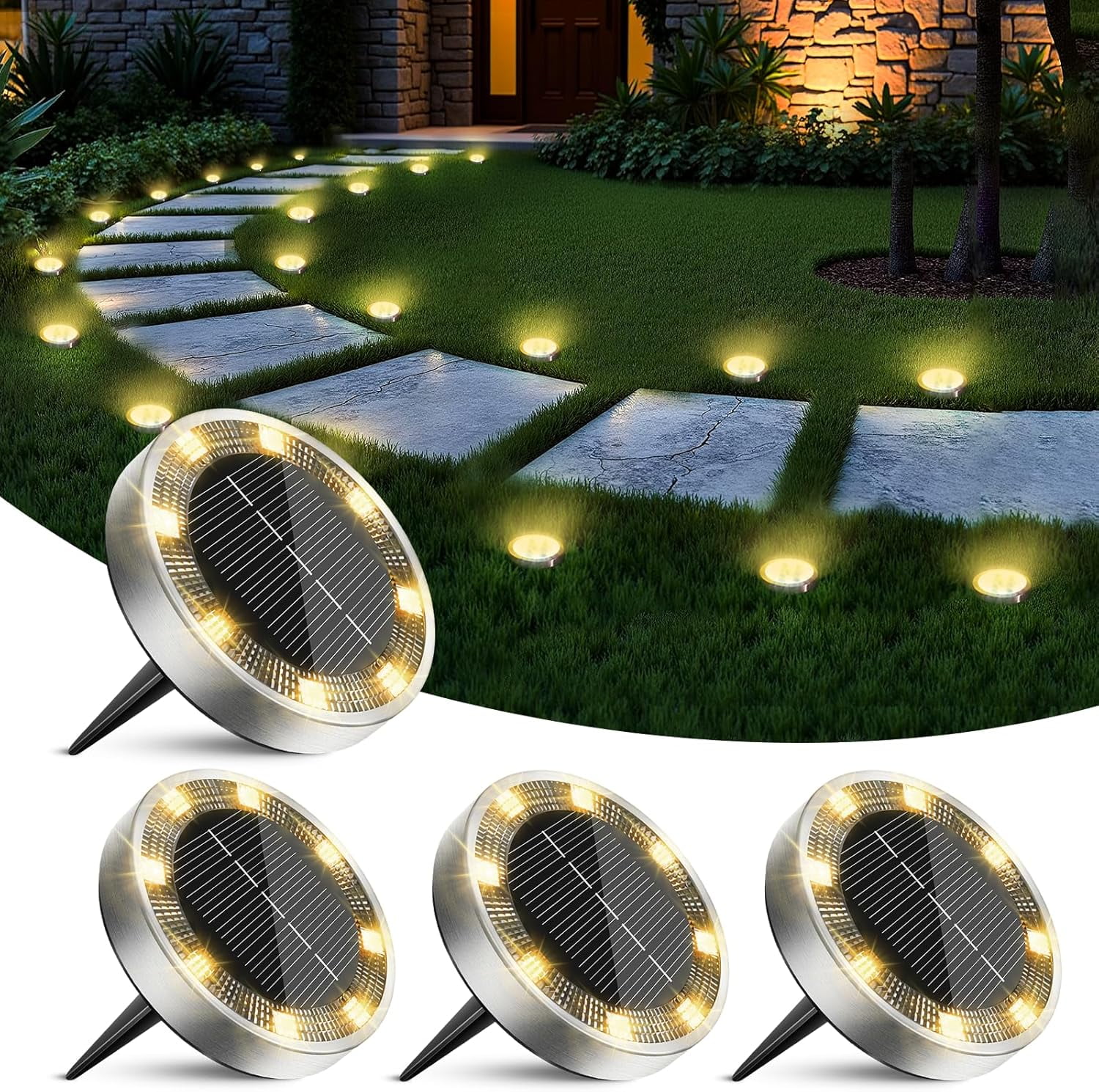 Solar Ground Lights Outdoor, 4 Pack Flat Solar Powered Disc Lights ...