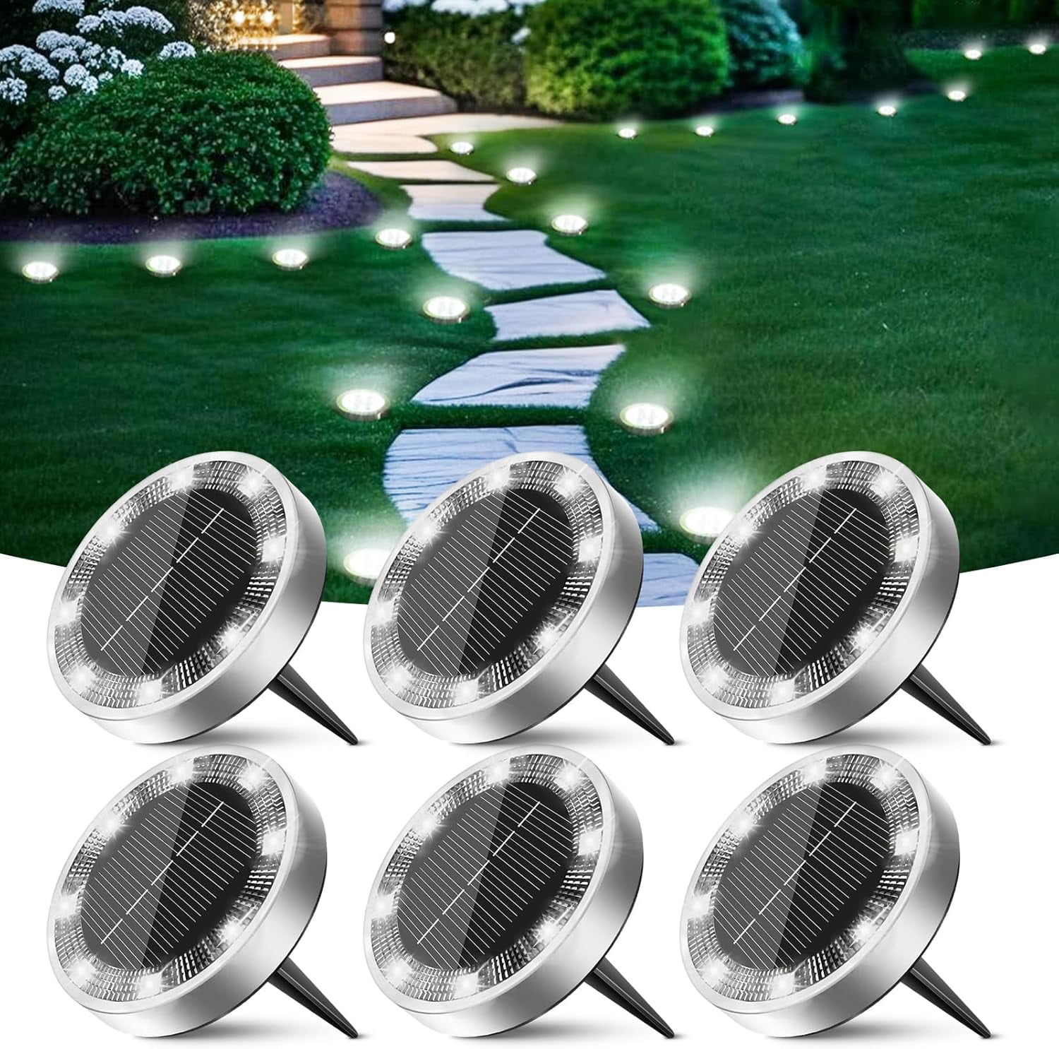Solar Ground Lights Outdoor, 6 Pack Flat Solar Powered Disc Lights ...