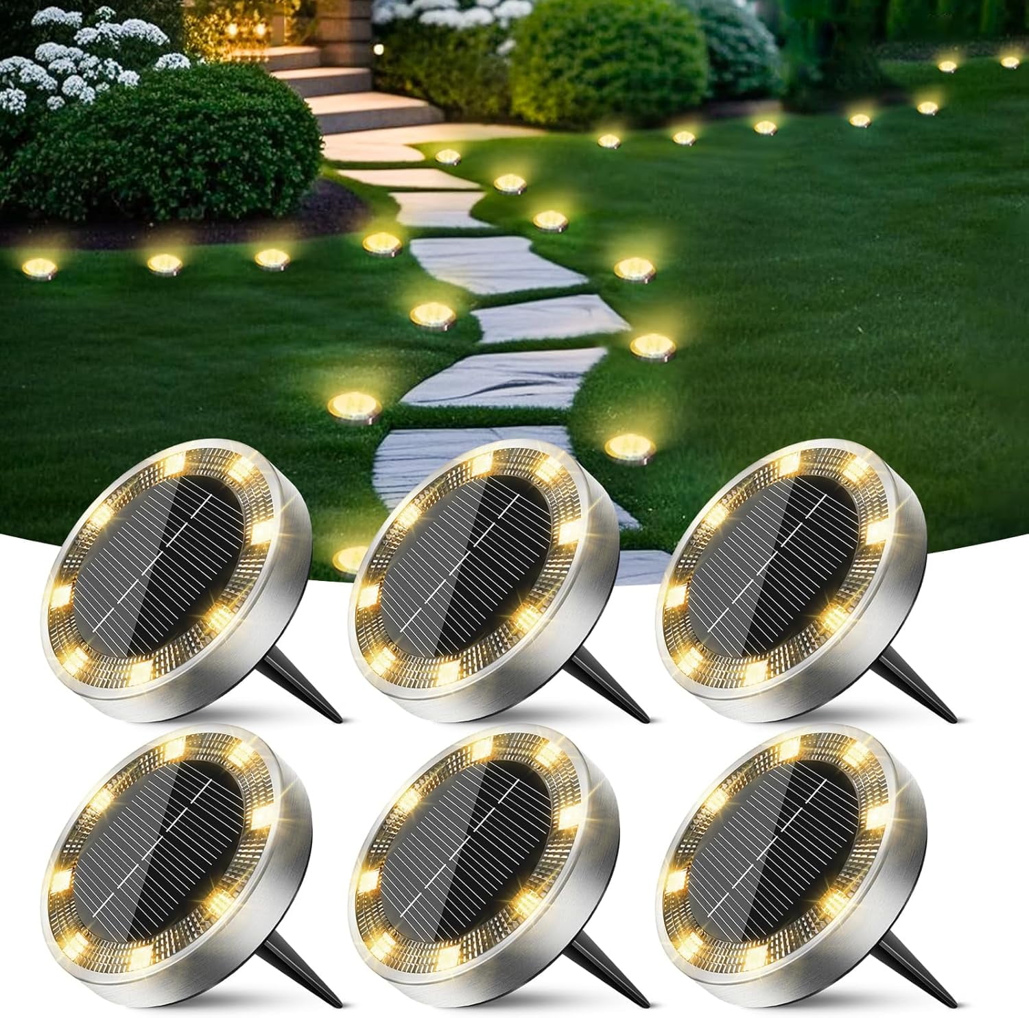 Solar Ground Lights Outdoor, 6 Pack Flat Solar Powered Disc Lights ...