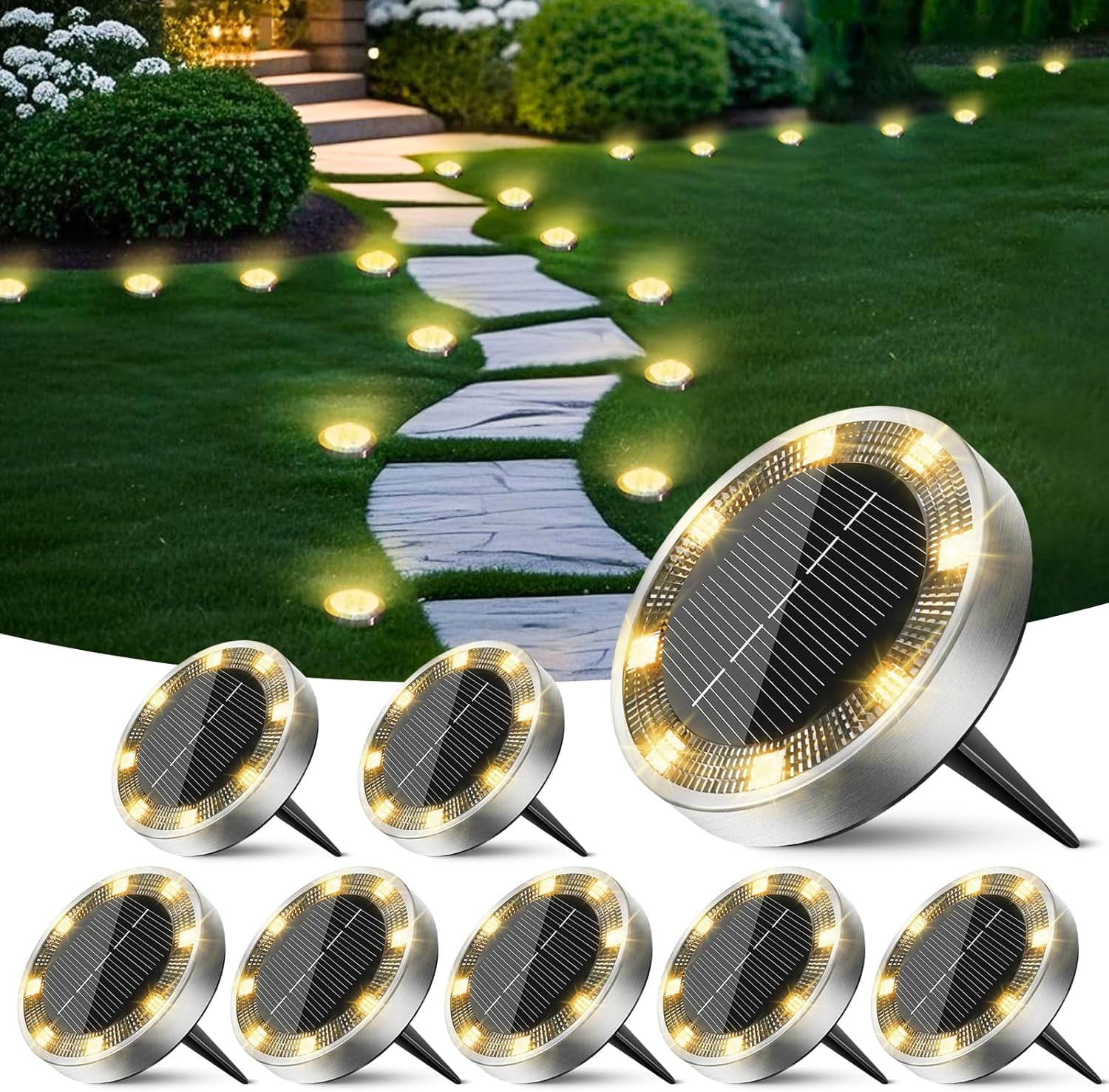 Solar Ground Lights Outdoor, 8 Pack Flat Solar Powered Disc Lights ...
