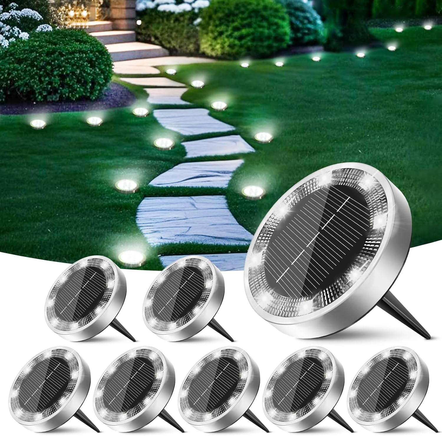 Solar Ground Lights Outdoor, 8 Pack Flat Solar Powered Disc Lights ...