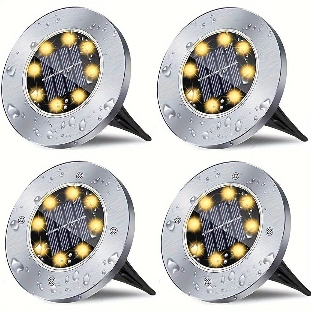 Lendour 4 Pack Solar Ground Lights Outdoor,8 LED Solar Powered Ground Disk Light for Driveway ...