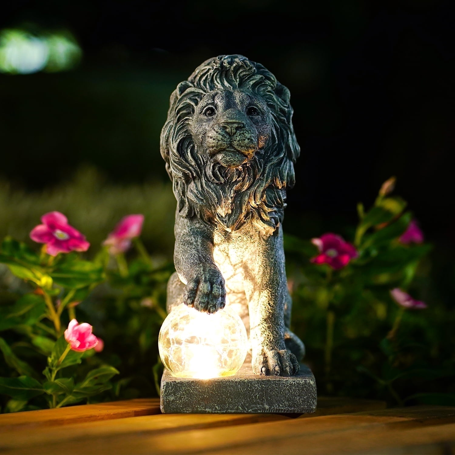Solar Guardian Lion Garden Statue - Outdoor Decor with Ball Lights for ...