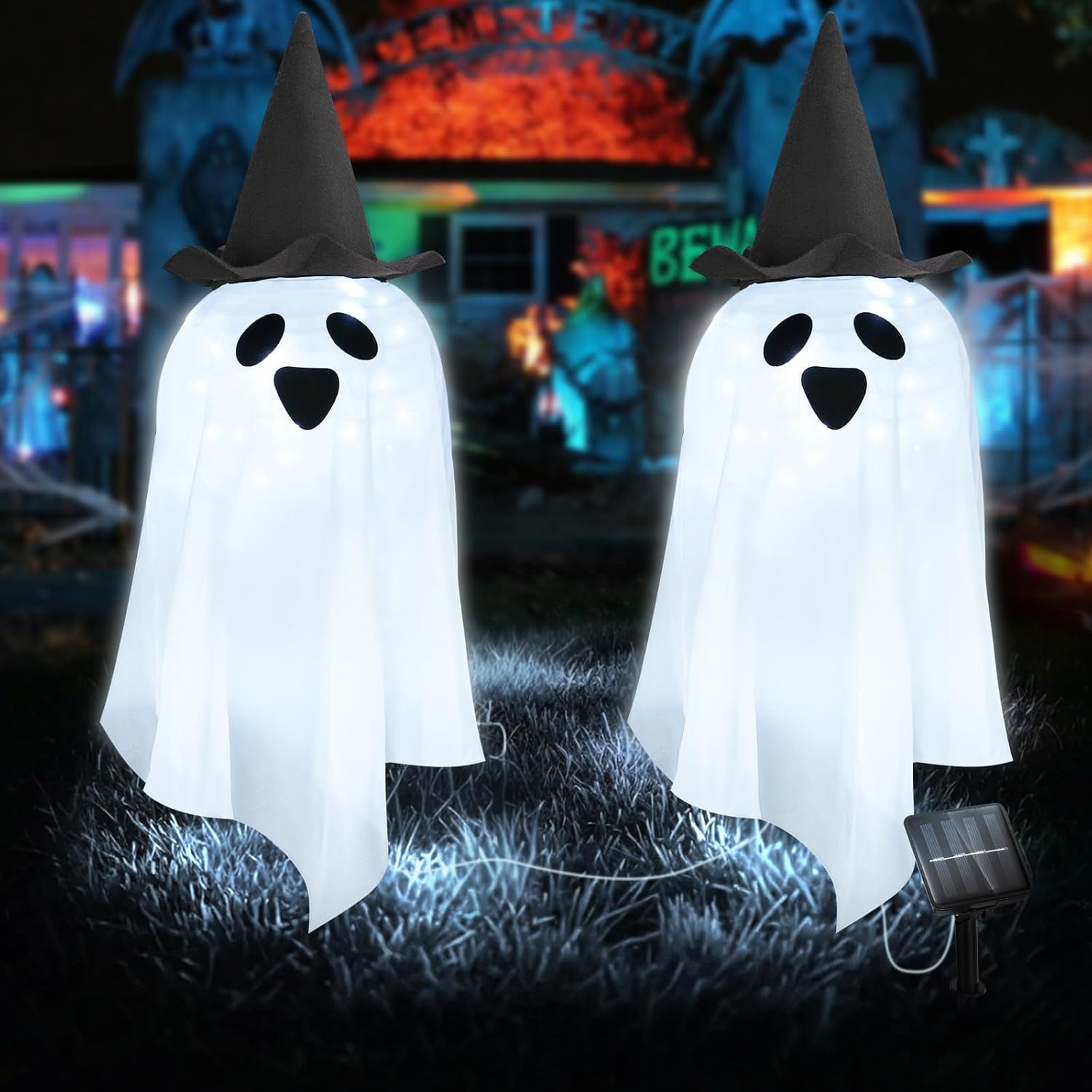 Solar Halloween Ghost LED Lights Outdoor, Set of 2 Big Ghost with Hat ...