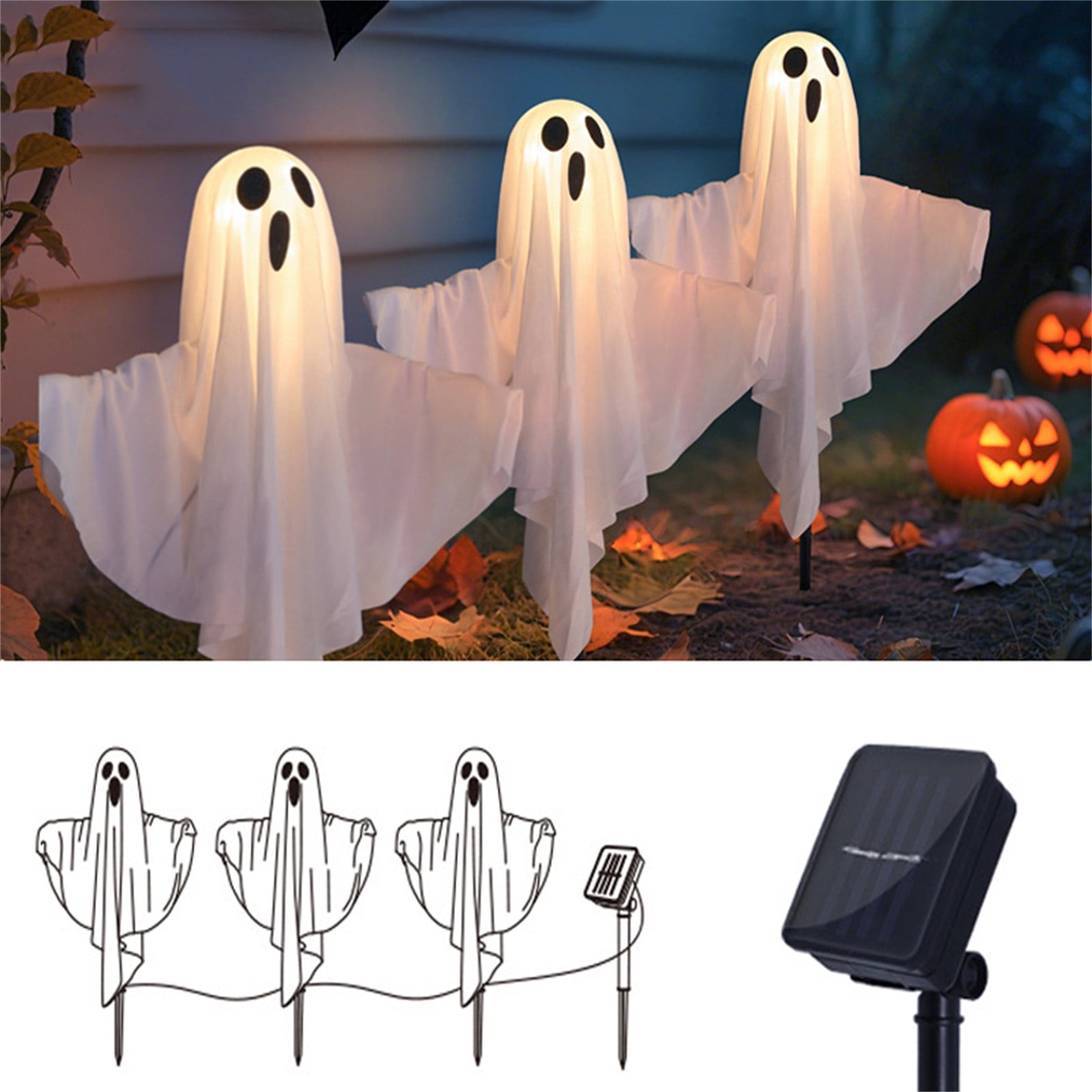 Solar Halloween Lights Ghost Lanterns, 3-Pack Ground Stake Outdoor ...
