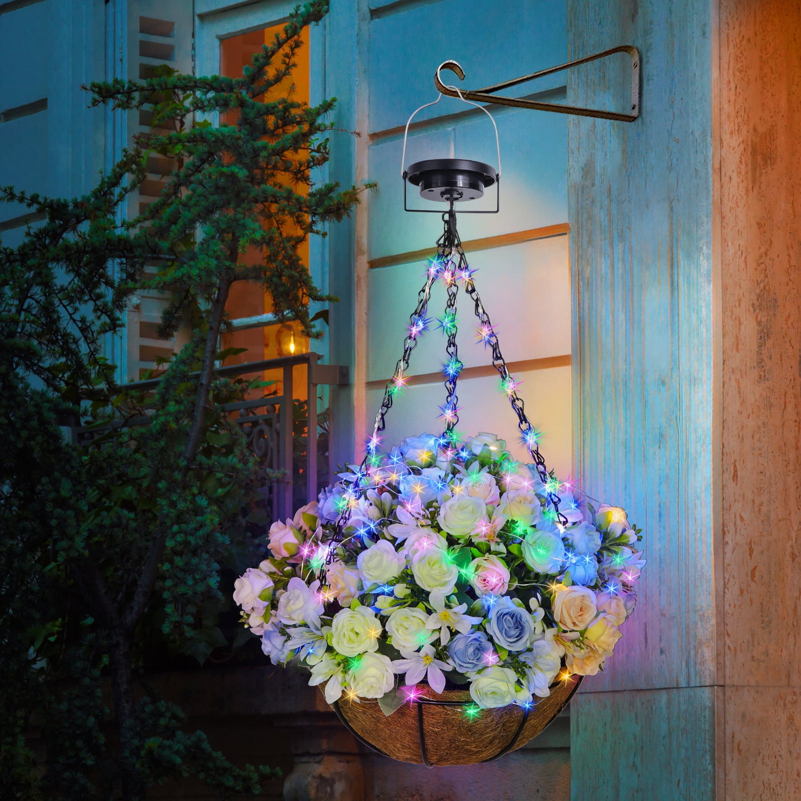 Solar Hanging Artificial Flower Basket with Solar Lights for Porch 10 ...