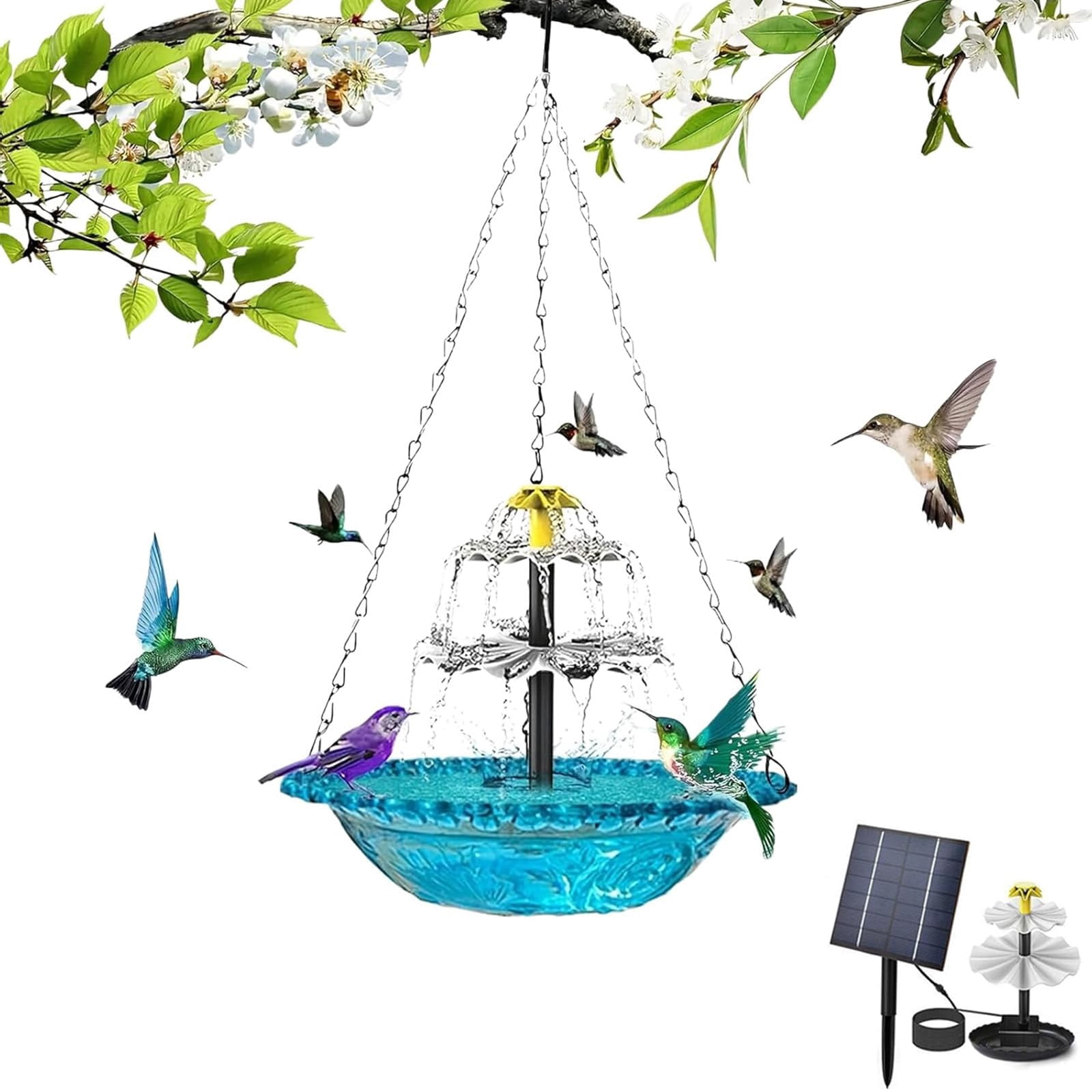 Solar Hanging Bird Bath Fountain, 3-Layer Metal Outdoor Bird Bath with ...
