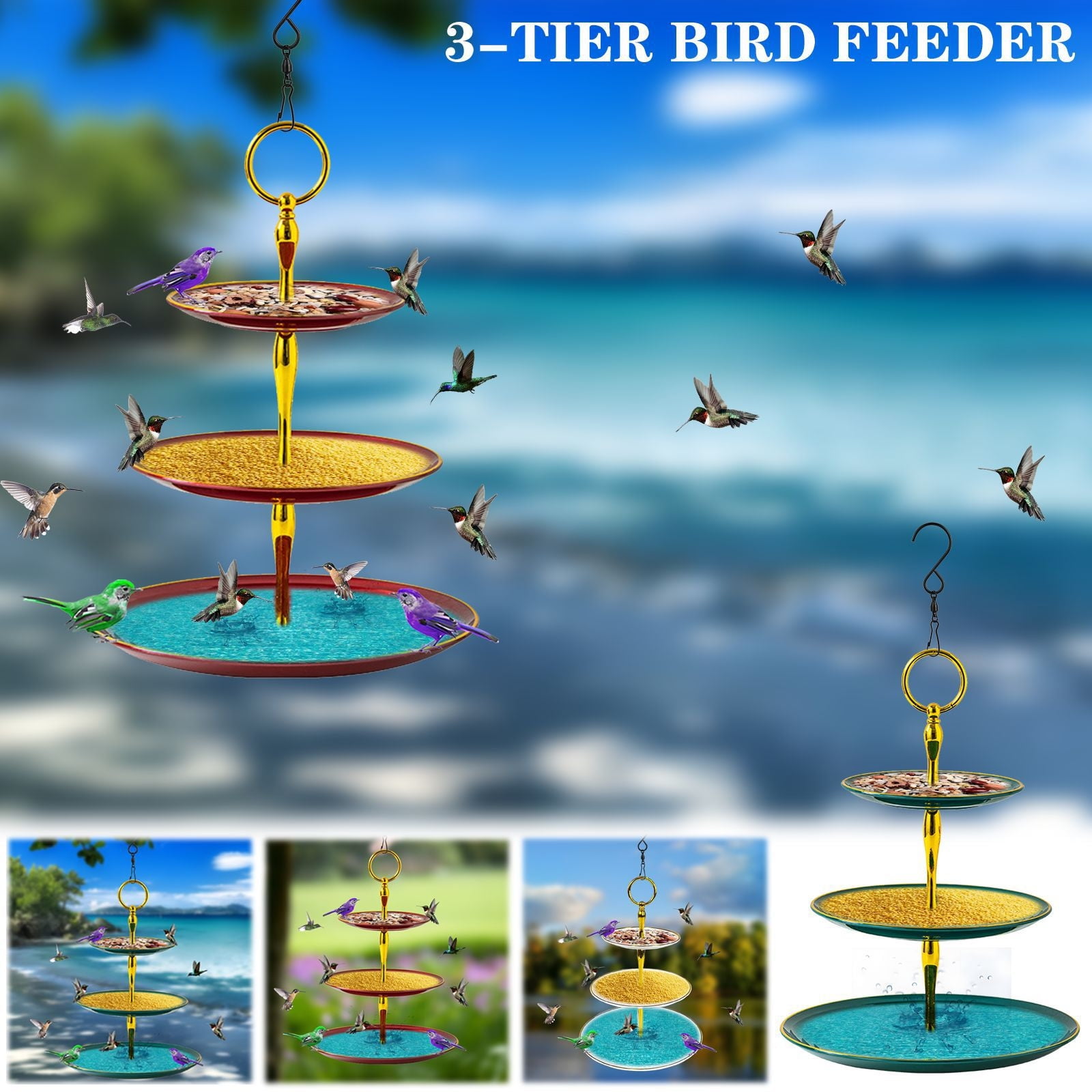 Solar Hanging Bird Feeder and Glass Bird Bath | Hand Blown Red Flower ...