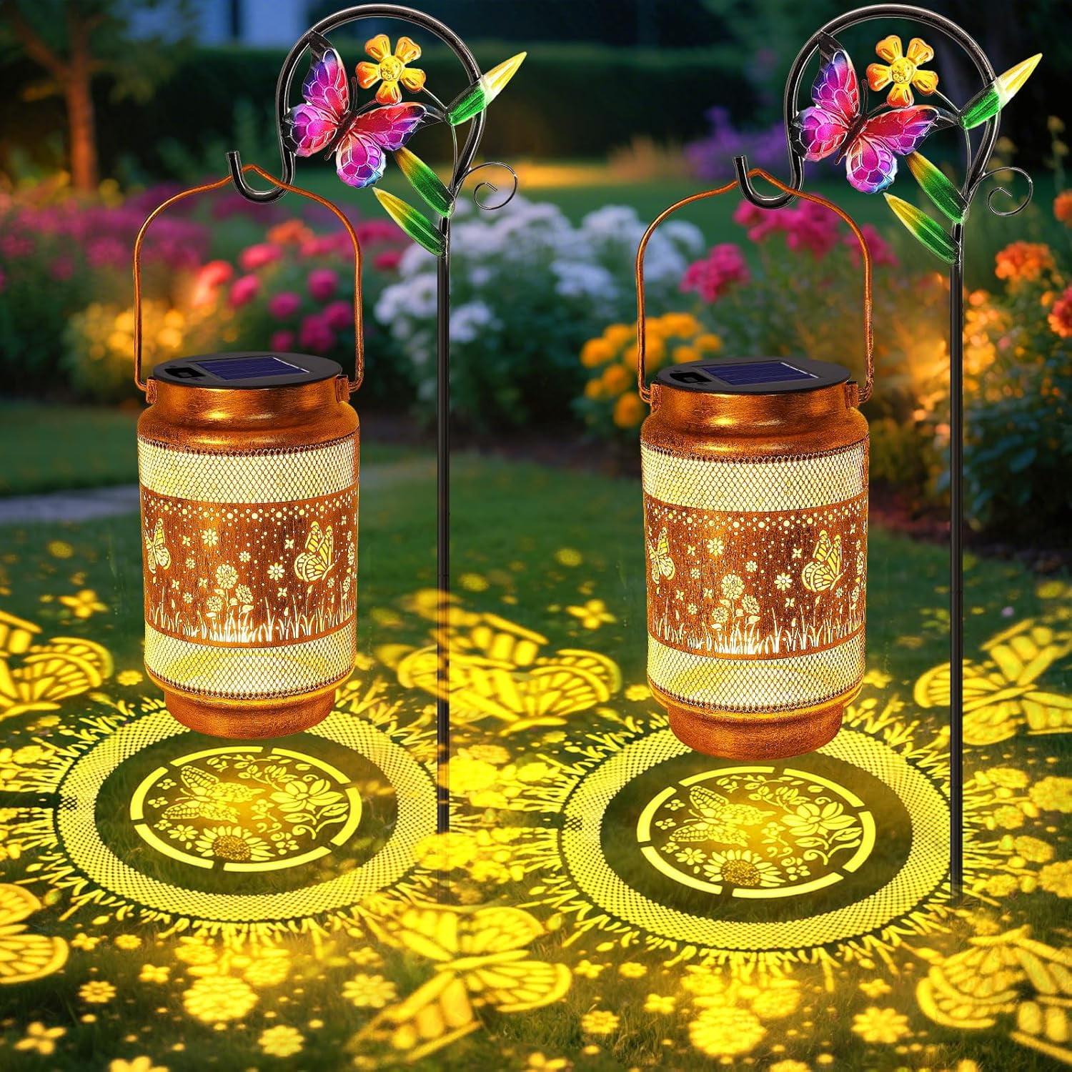 Solar Hanging Lanterns Outdoor with Shepherd Hook - Waterproof Metal ...