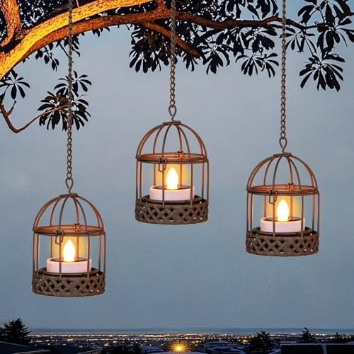 Solar-Hanging-Lanterns-Outdoor-Waterproof, Rust Birdcage Style Candle ...