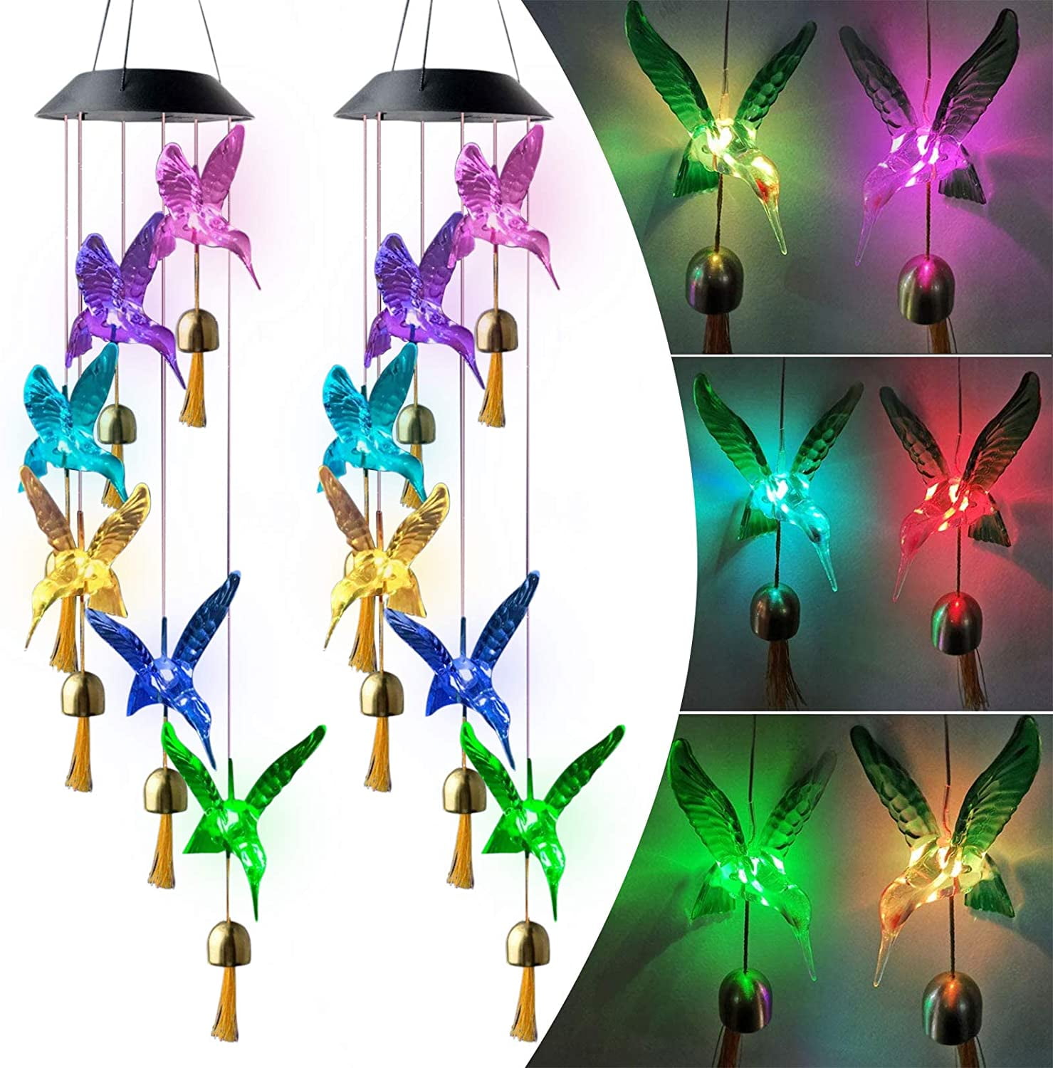 Solar Hummingbird Wind Chimes, Design with Bells, Color-changing Solar ...