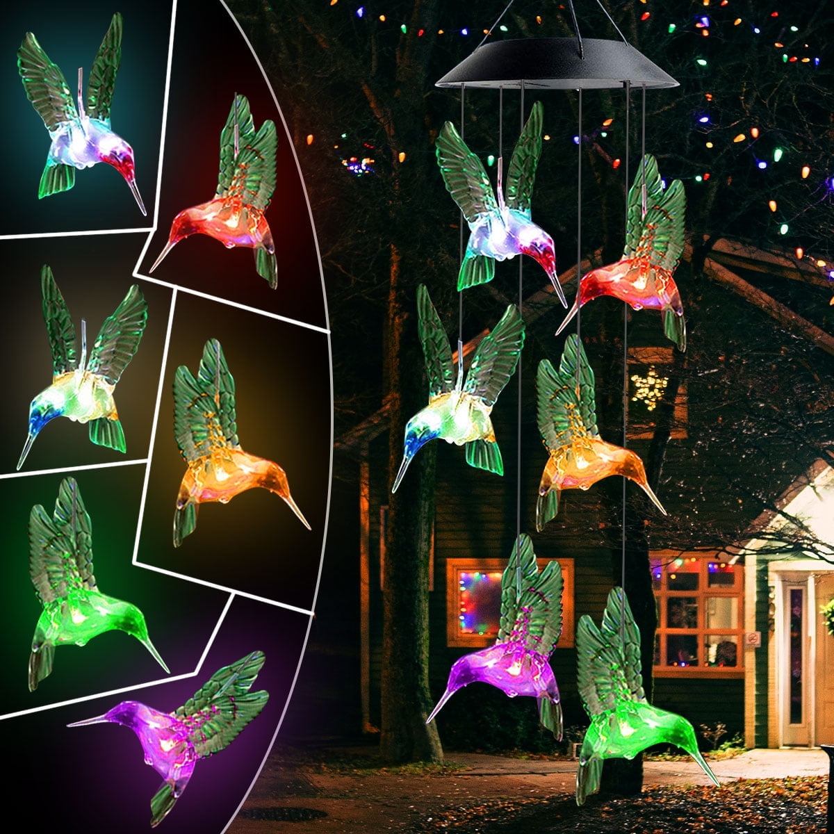 Solar Hummingbird Wind Chimes, Outdoor Color Changing LED Solar Chimes ...