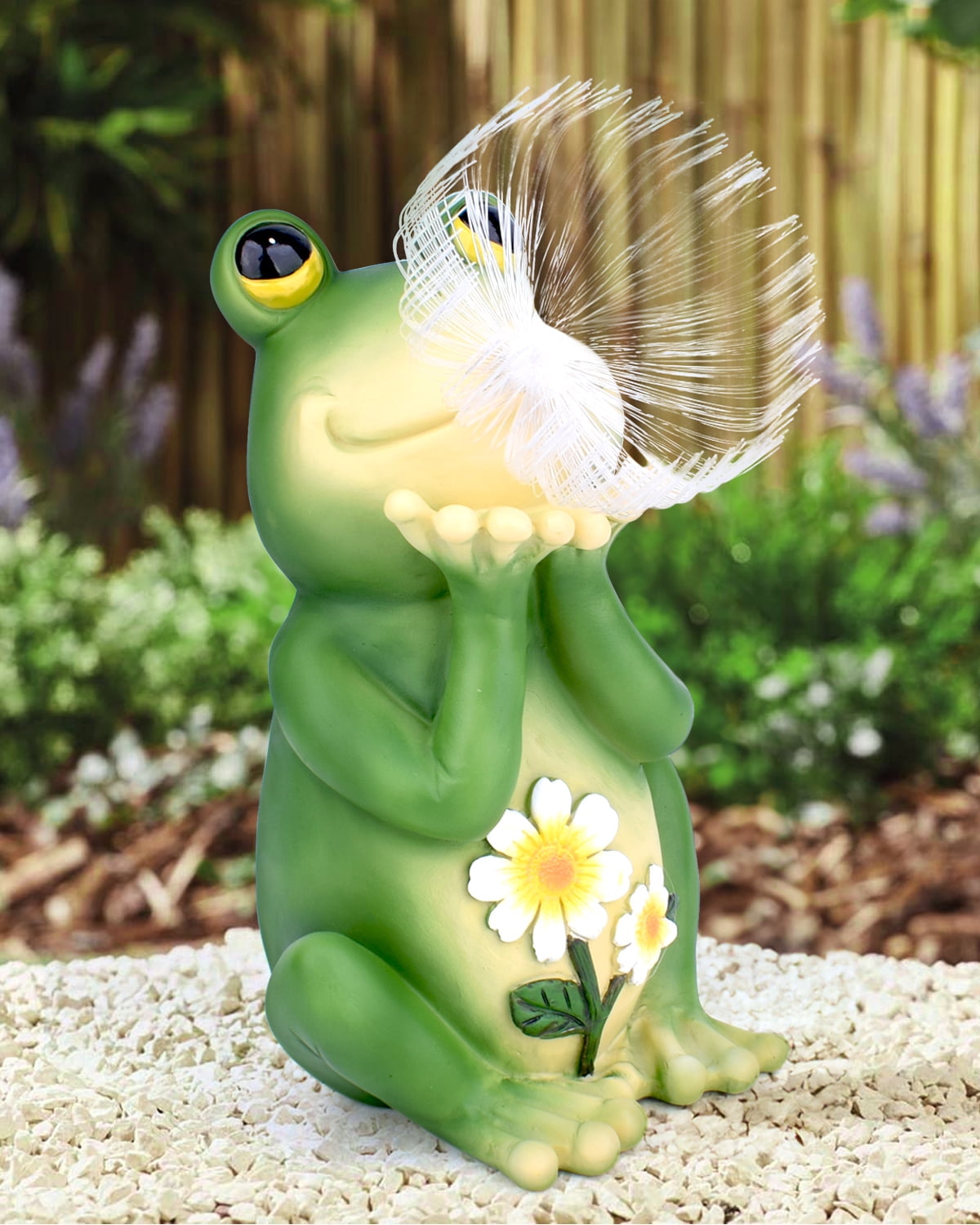 Solar LED Garden Frog Statue with Fiber Optic Flower Lights Outdoor ...