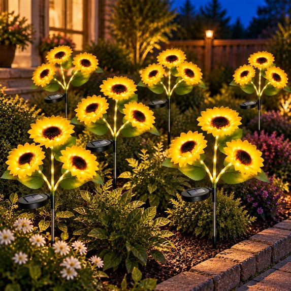 Solar LED Sunflower Garden Lights, Waterproof Artificial Flower Stakes ...