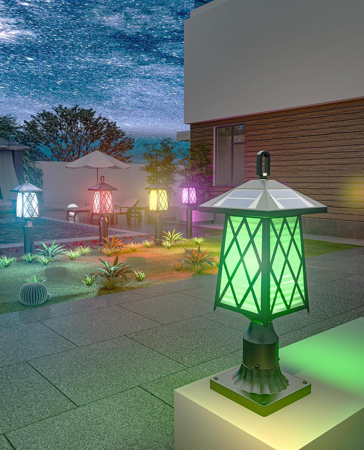 Solar Lamp Post Light, 3500LM RGB Colors Change Solar Pole Light,Dusk ...