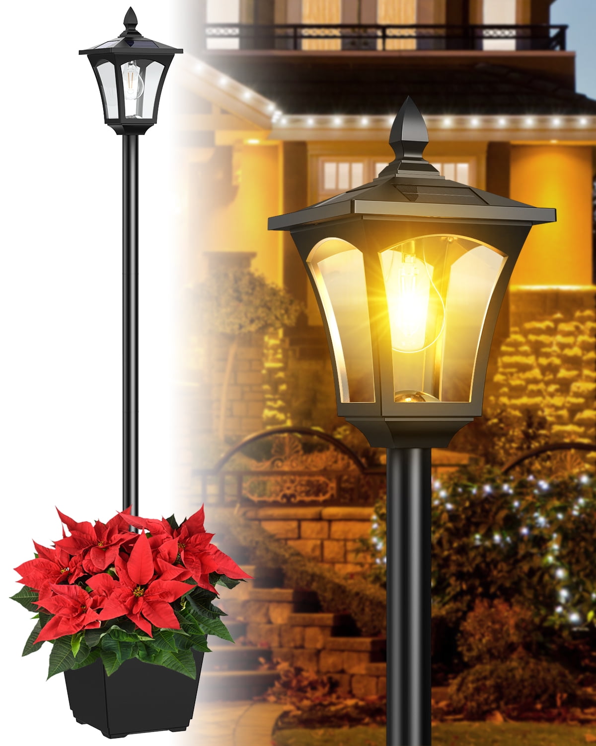 Solar Lamp Post Light with Planter, Outdoor Lamp Post with Clear Glass ...