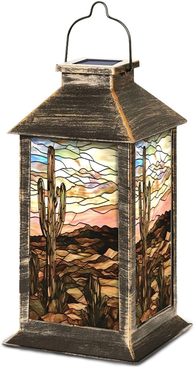 Solar Lantern Mosaic Stained Cactus Earthy Tones Outdoor Waterproof ...