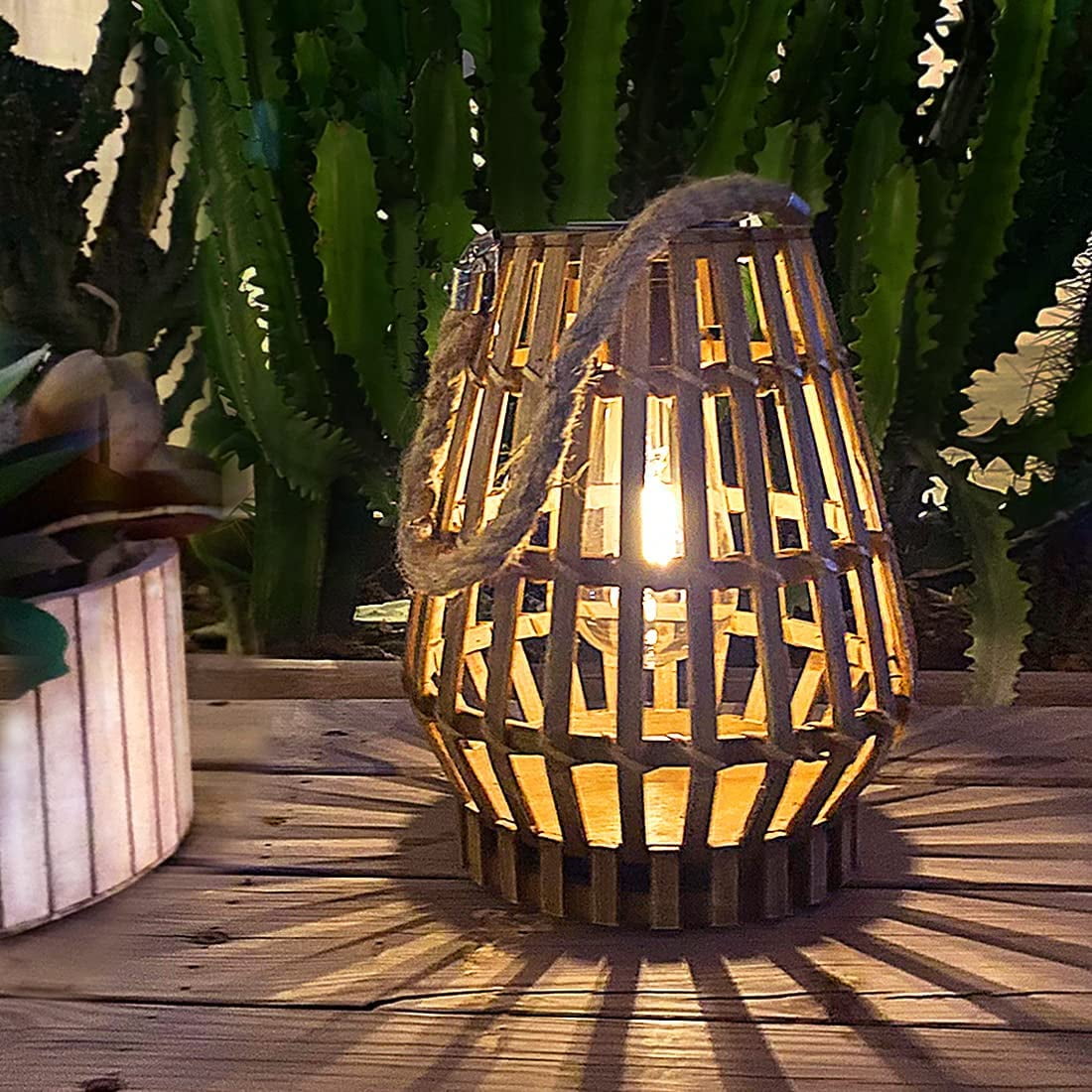 Solar Lantern Outdoor-Bamboo Lamps Patio Waterproof Rattan Solar ...