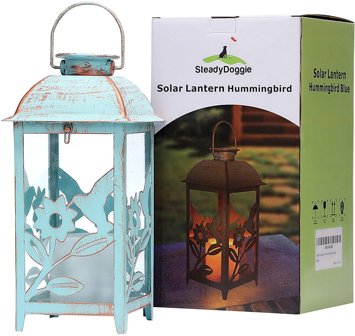 Solar Lantern Outdoor Hummingbird Blue Decor Antique Metal and Glass ...