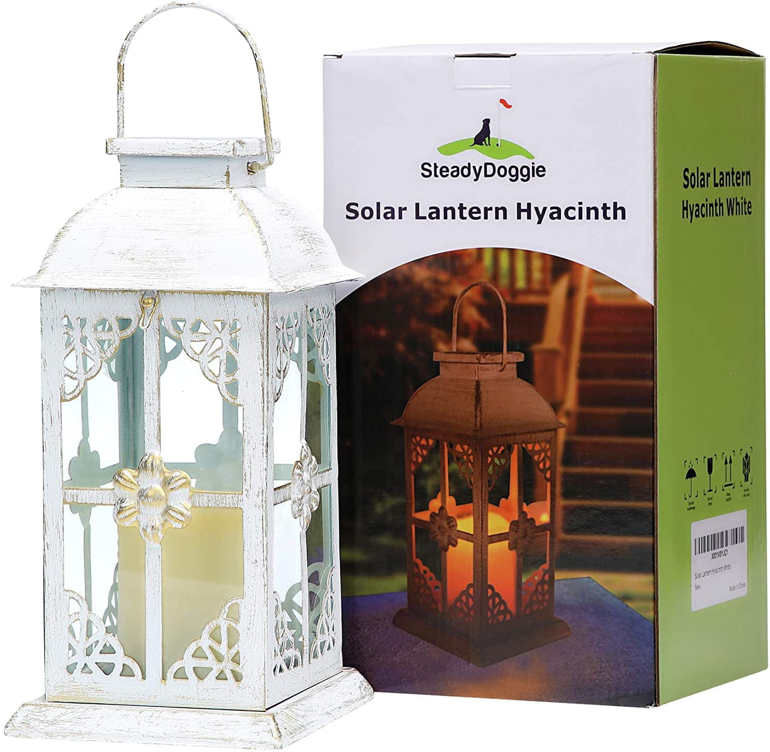 SteadyDoggie Solar Lantern, Outdoor Hyacinth White, Antique Metal and ...