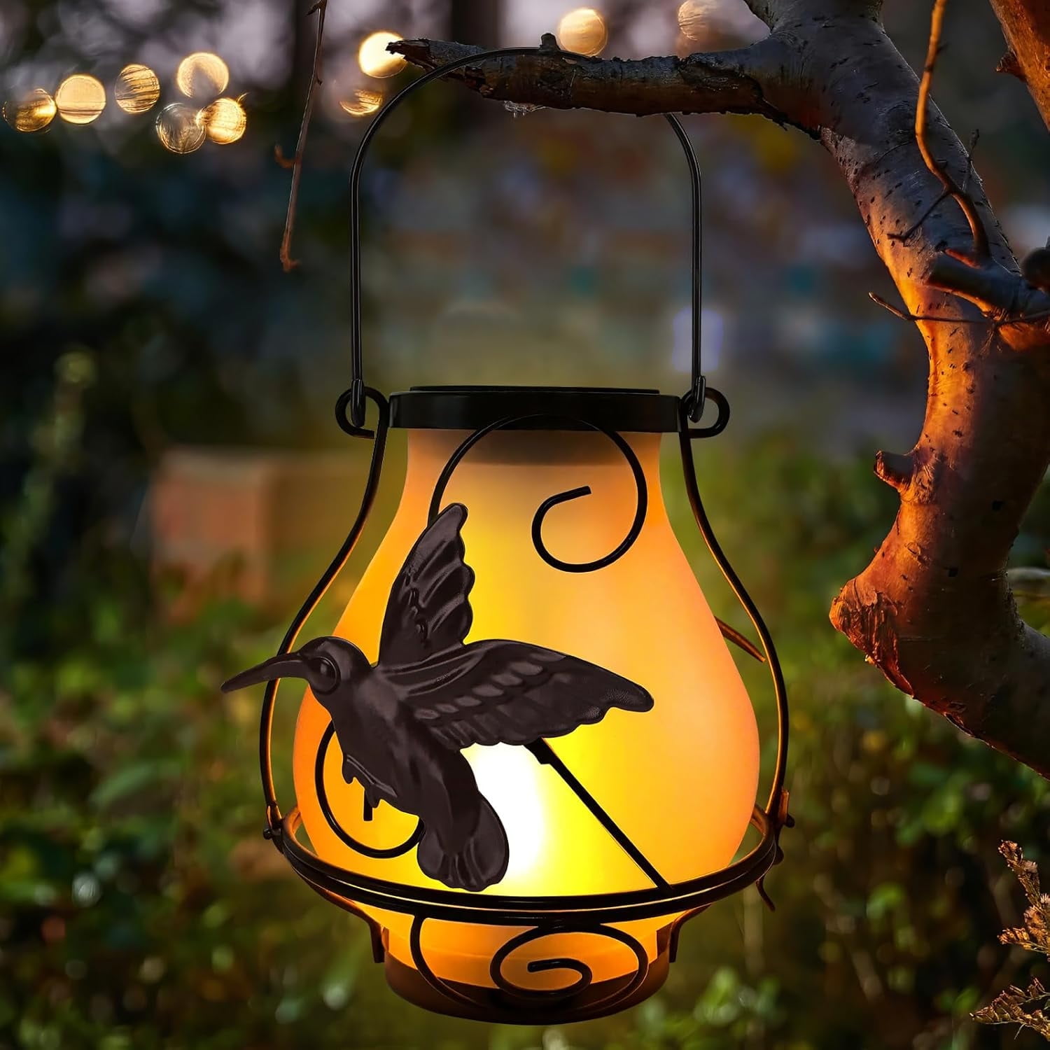 Solar Lanterns, Hanging Outdoor Lantern with Hummingbird LED Flickering ...