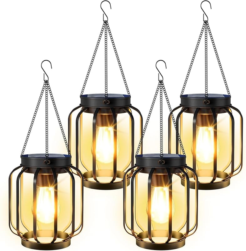 Solar Lanterns Outdoor Waterproof 4 Pack, Upgraded Metal Hanging Solar ...