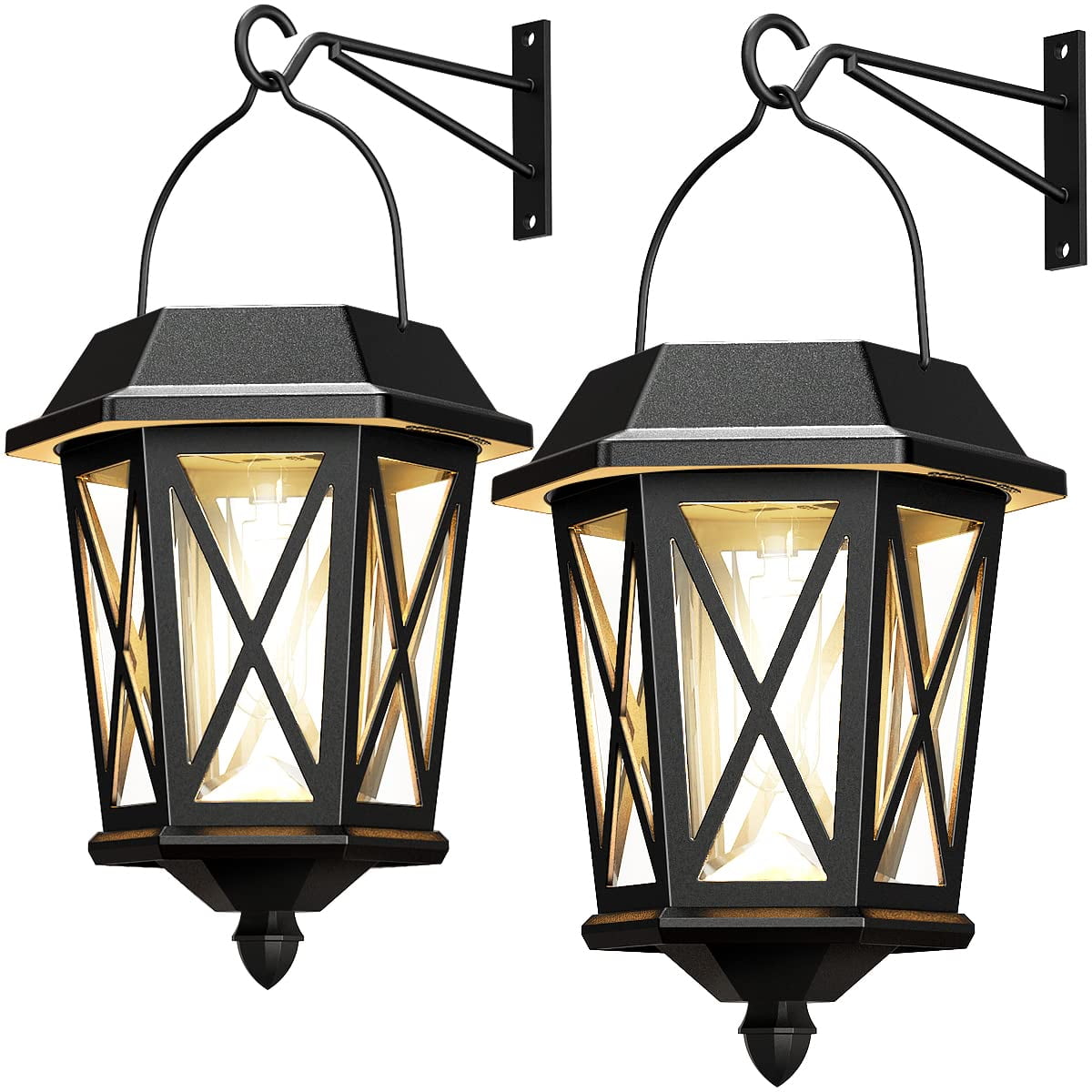 Solar Lanterns Outdoor Waterproof, Hanging Solar Lights with Glass Shade - 2 Pack LED Metal Wall ...