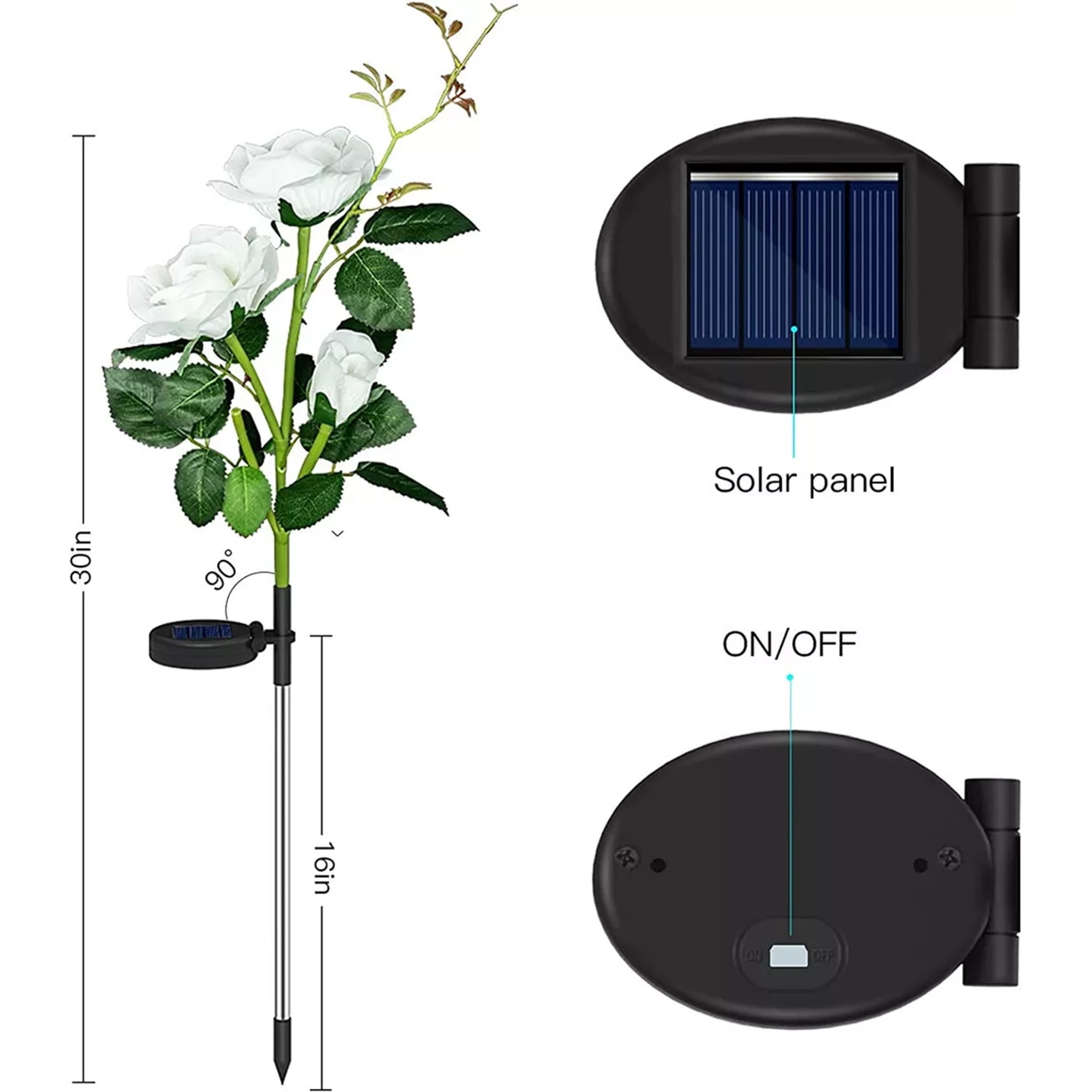 Solar Led White Rose Flowers Lights Outdoor Garden Stake Yard Decor ...