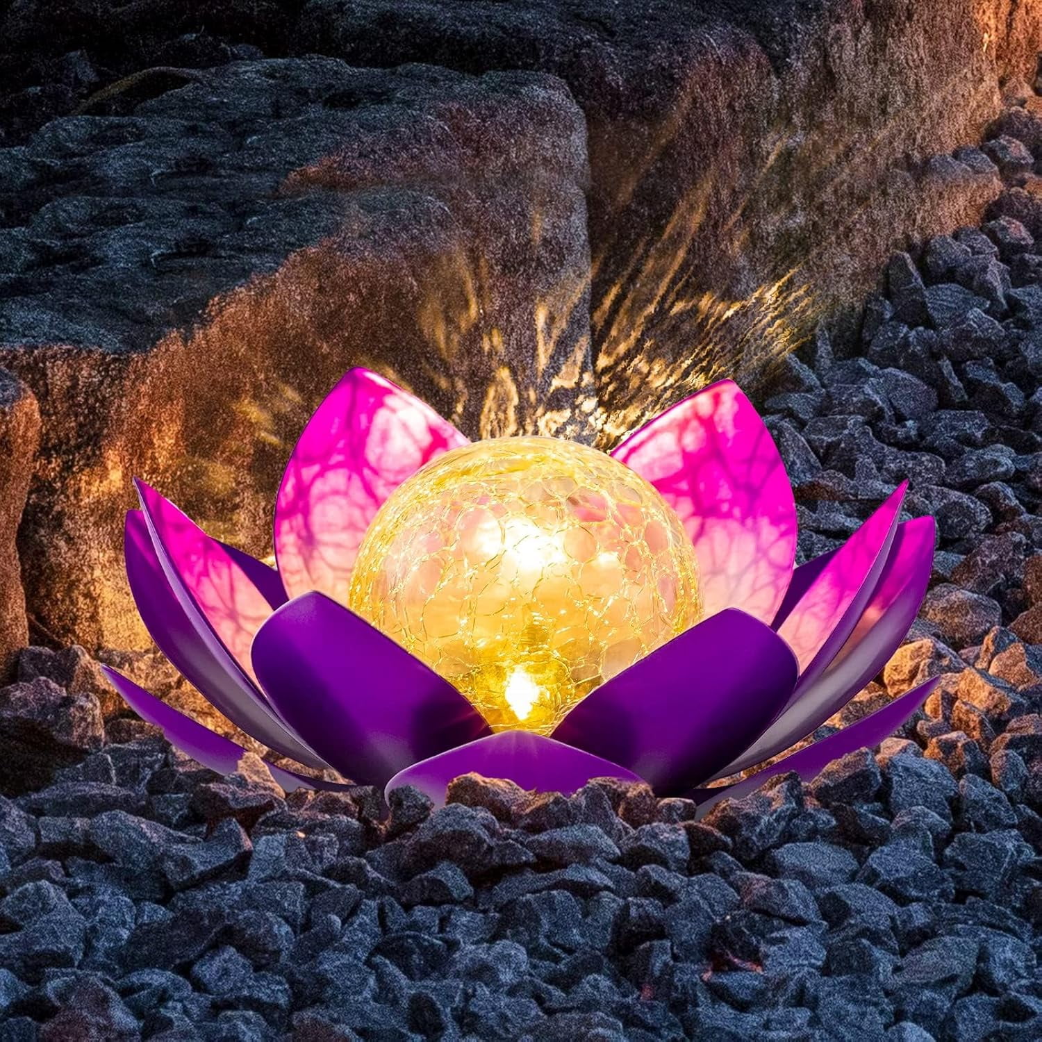 Solar Light Outdoor(2Pack), Art Crackle Globe Glass Lotus Decoration ...
