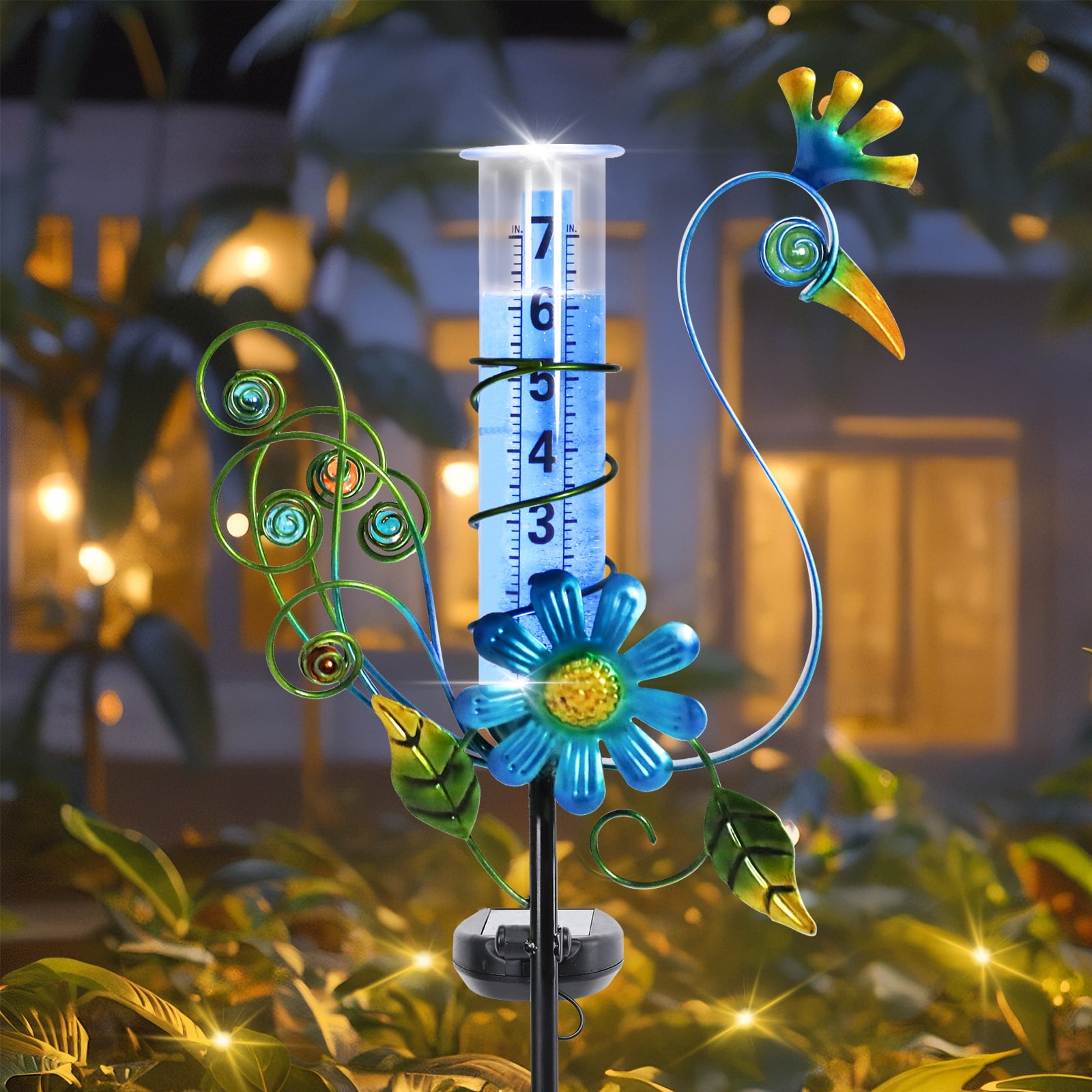 Solar Light Rain Gauge, Rustproof Peacock Rain Gauge with LED Lights ...