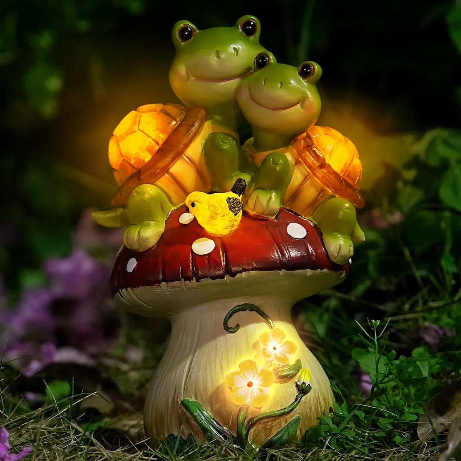 Solar Light Turtle Garden Statue, Turtle on Mushroom Figurine, Lovely ...