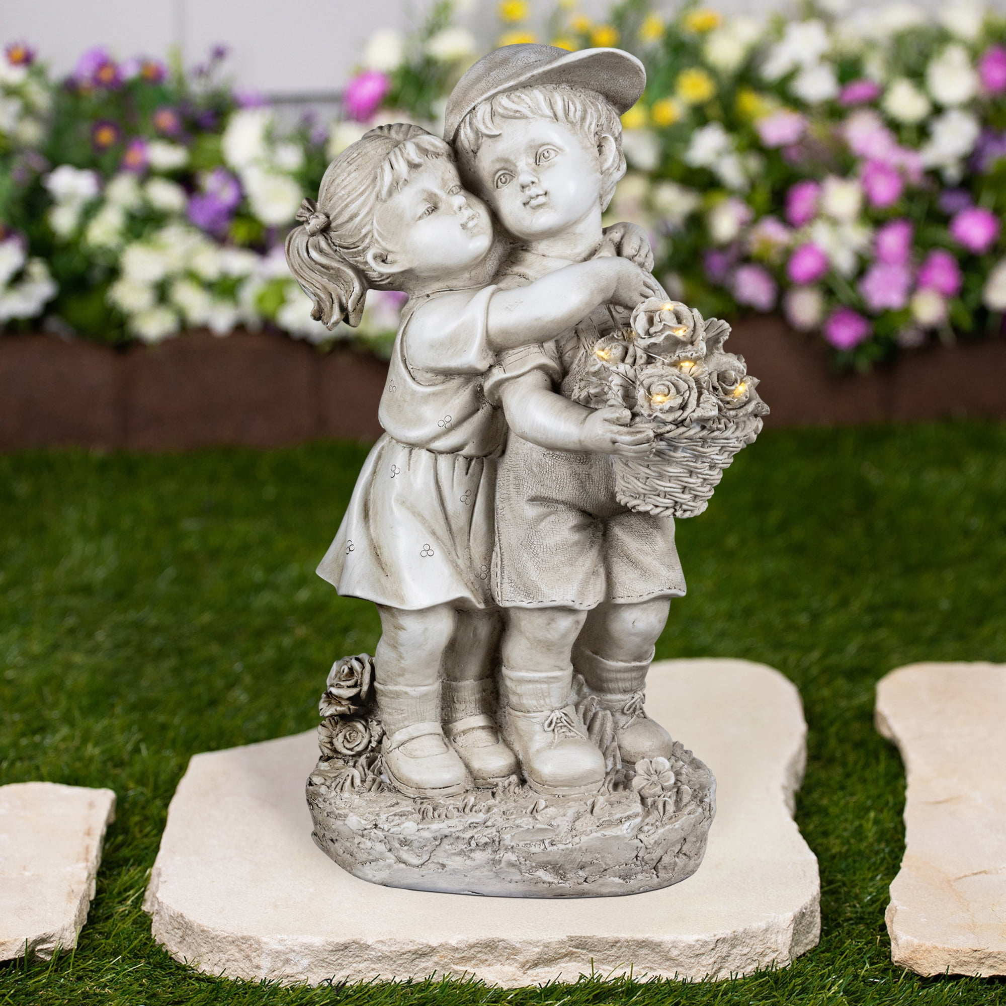 Northlight Solar Lighted Hugging Girl and Boy Outdoor Garden Statue ...