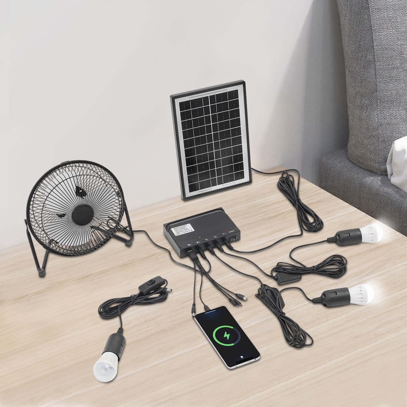 Solar Lighting & Fan Kits with 3 Bulbs USB Charging for Home Outdoor ...
