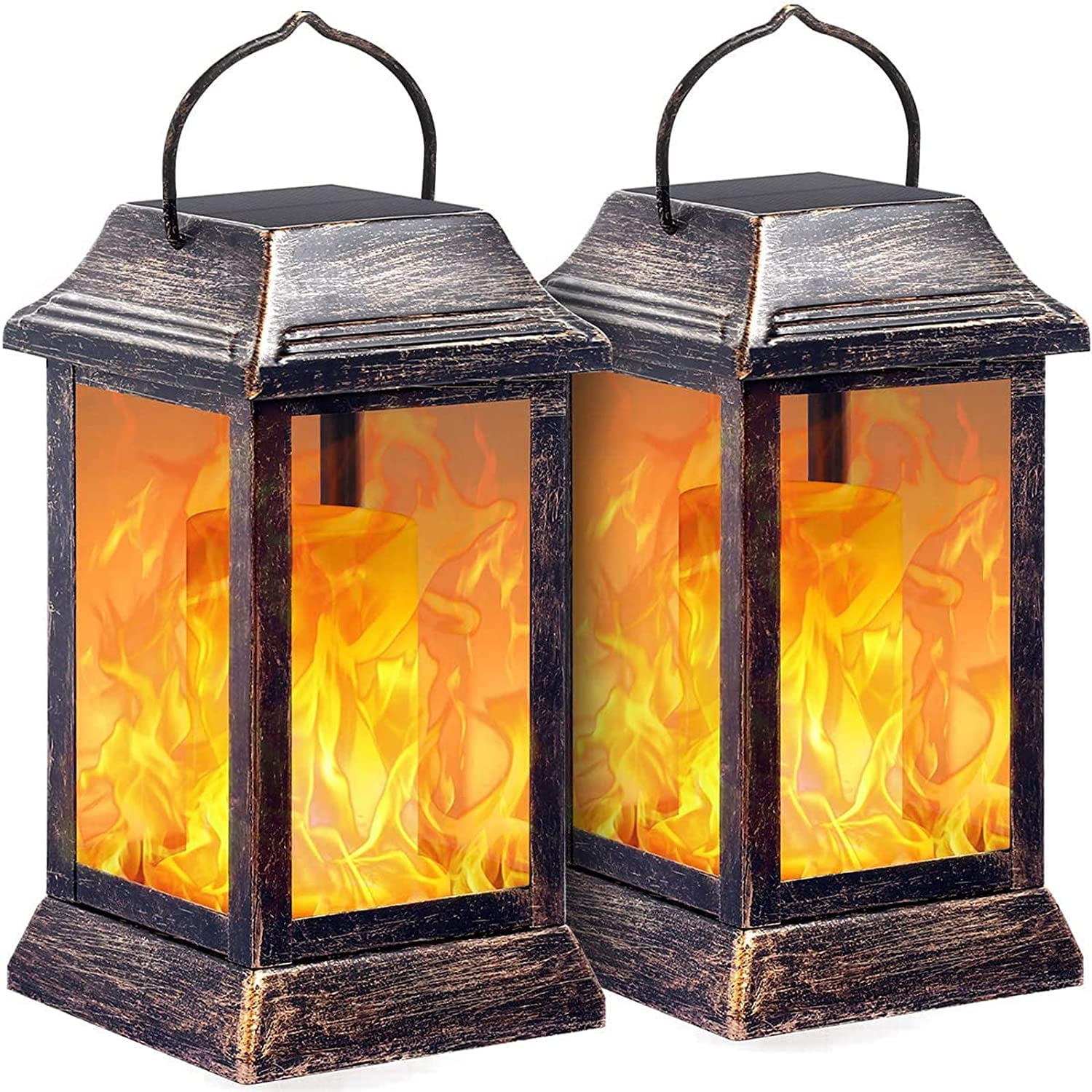 Solar Lights Metal Flickering Flame Solar Lantern Outdoor Hanging ...