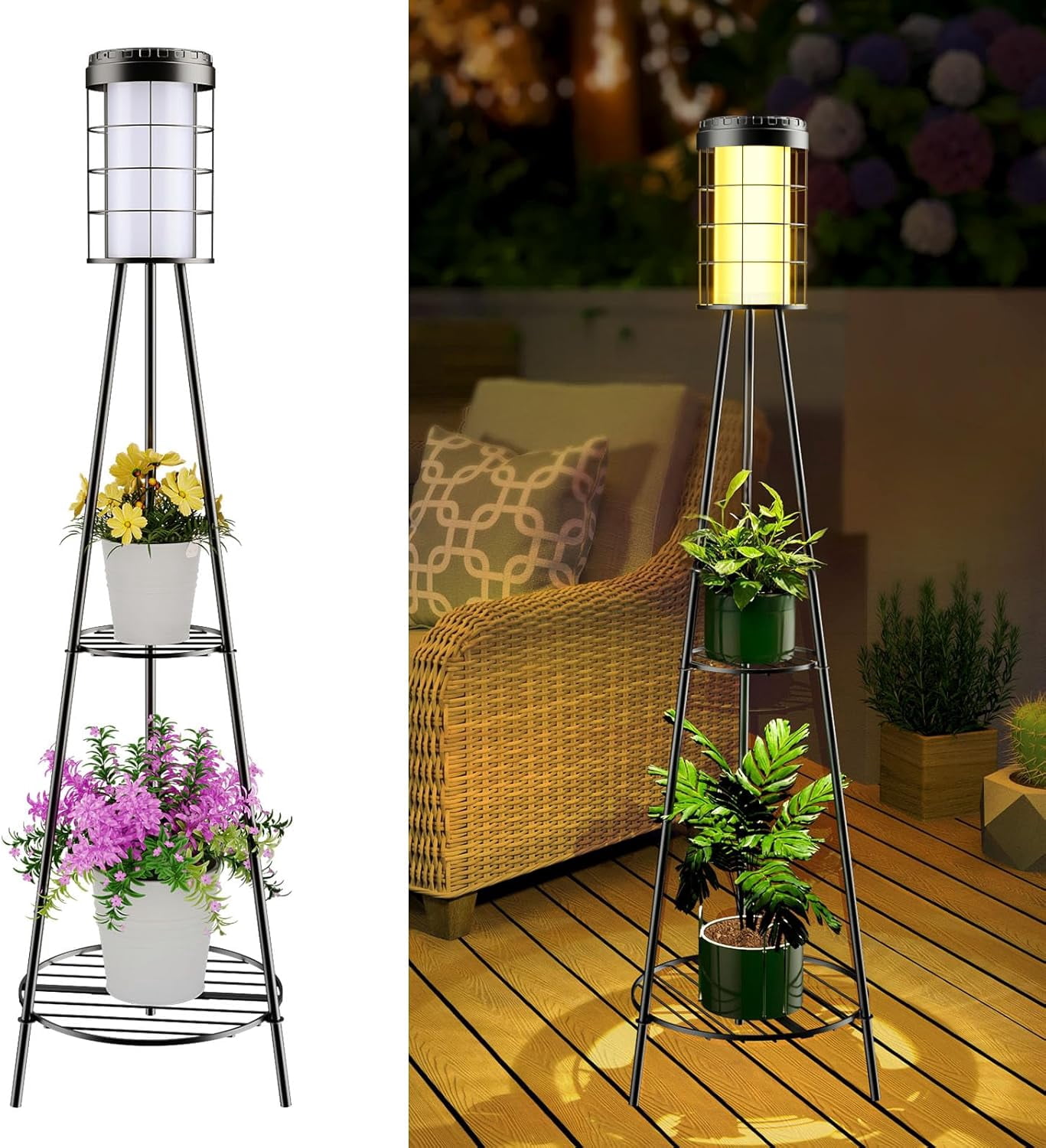Solar Lights Outdoor with 2 Tier Plant Stand, 2 Pack Solar Floor Lamps ...