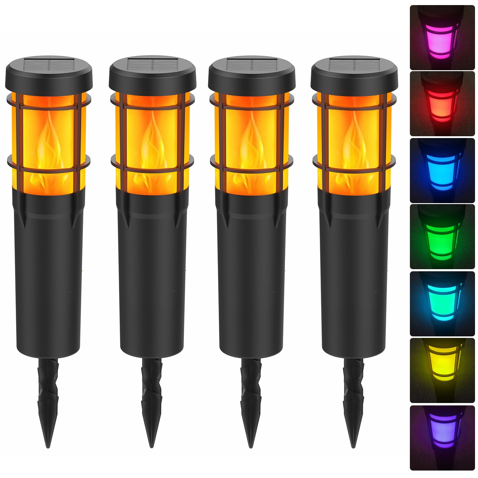 Solar Lights Outdoor, 4 Pack Flickering Flame Torch Light with RGB 7 ...