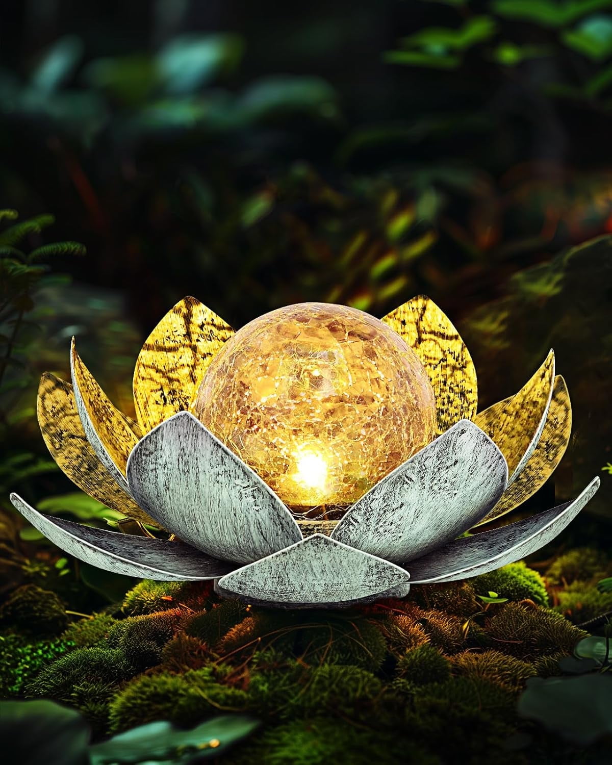 Garden Solar Light Outdoor, Amber Crackle Globe Glass Lotus Decoration ...