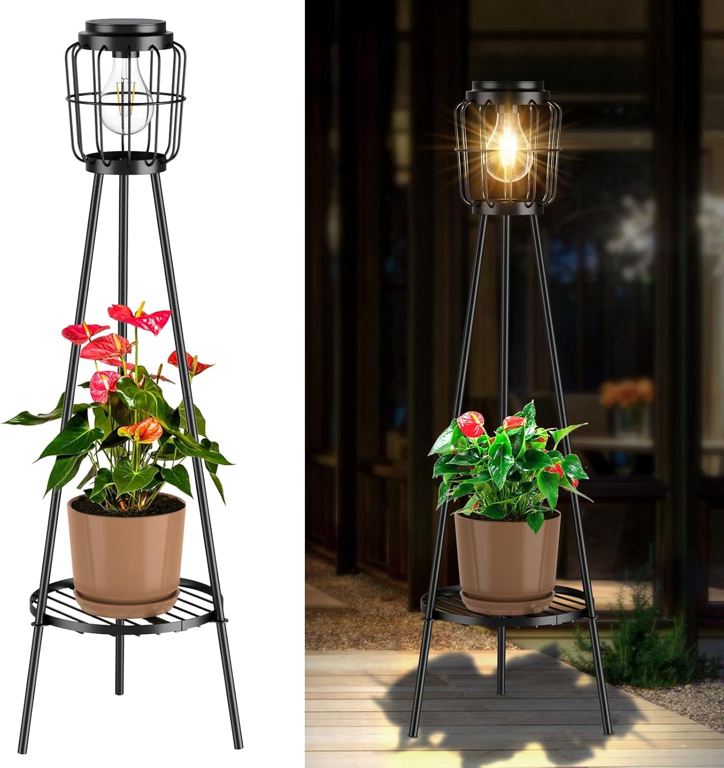 Solar Lights Outdoor with LED Edison Bulbs, Solar Floor Lamp with Plant ...