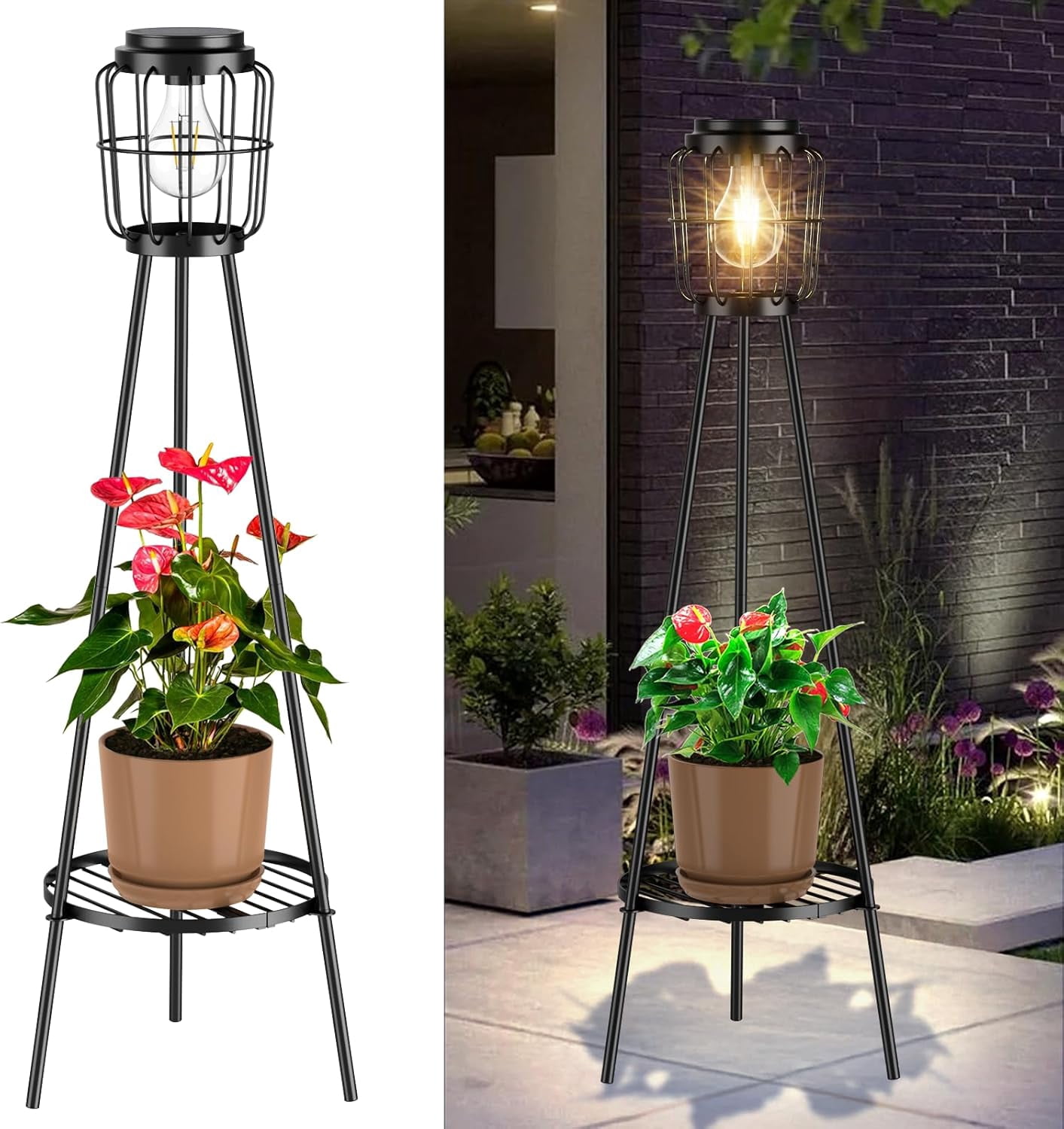 Solar Lights Outdoor with LED Edison Bulbs, Solar Floor Lamp with Plant ...