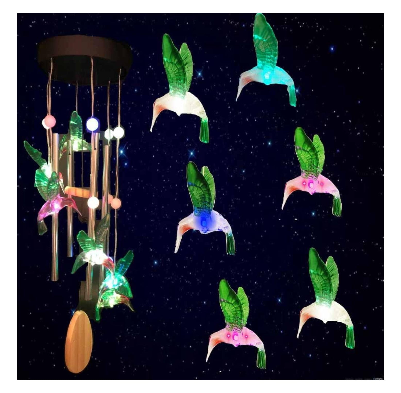 Solar Lights Wind Chime Color Changing Hummingbird Outdoor Solar Garden ...