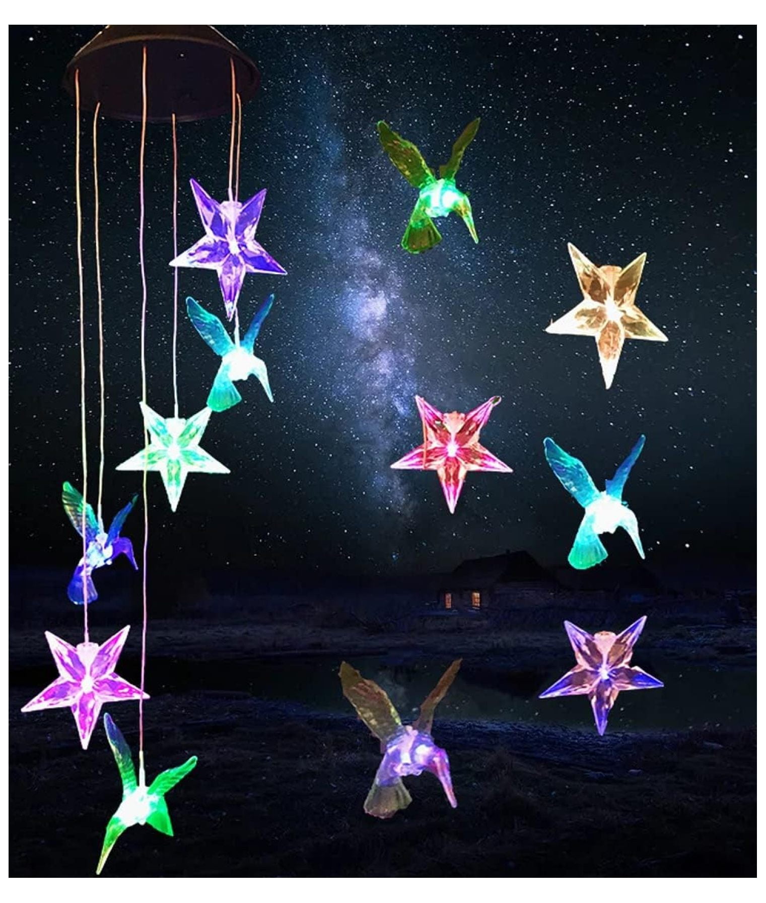 Solar Lights Wind Chime Color Changing Hummingbird Star Outdoor Solar ...